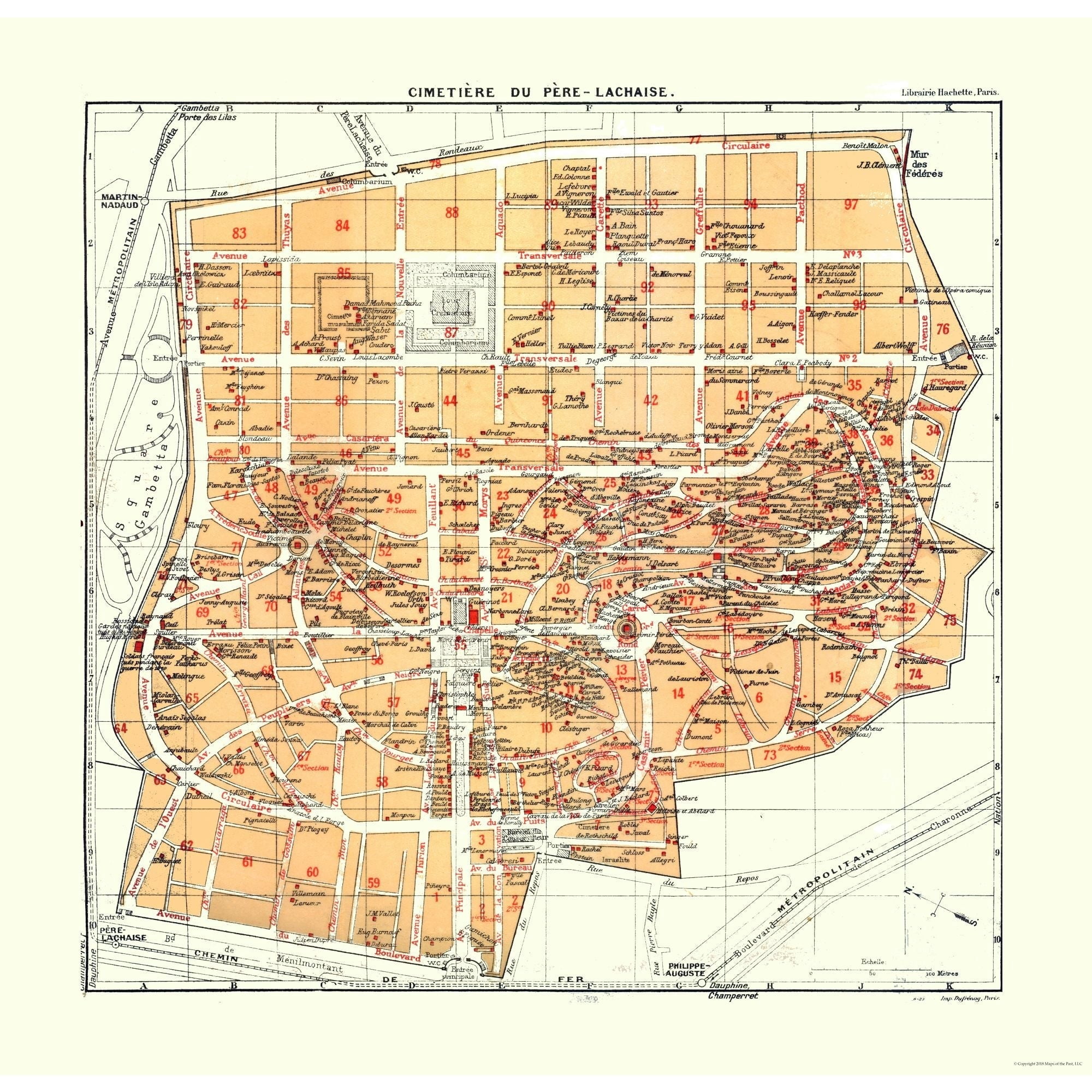 Historic Map - Paris France Pere Lachaise Cemetery - Blue Guides 1921 ...