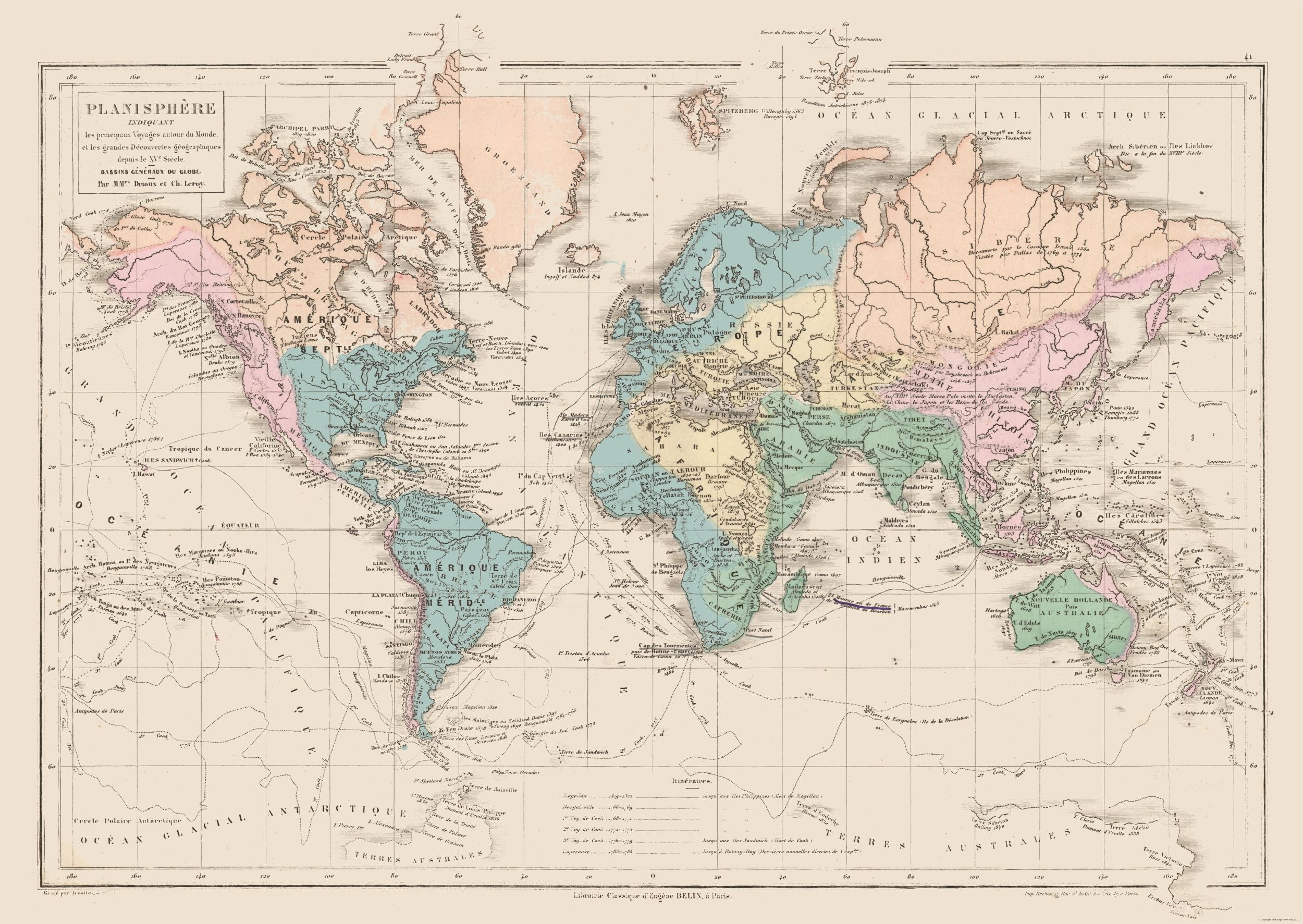 Historic Map - Planisphere Discoveries - Drioux 1882 - Vintage Wall Art ...