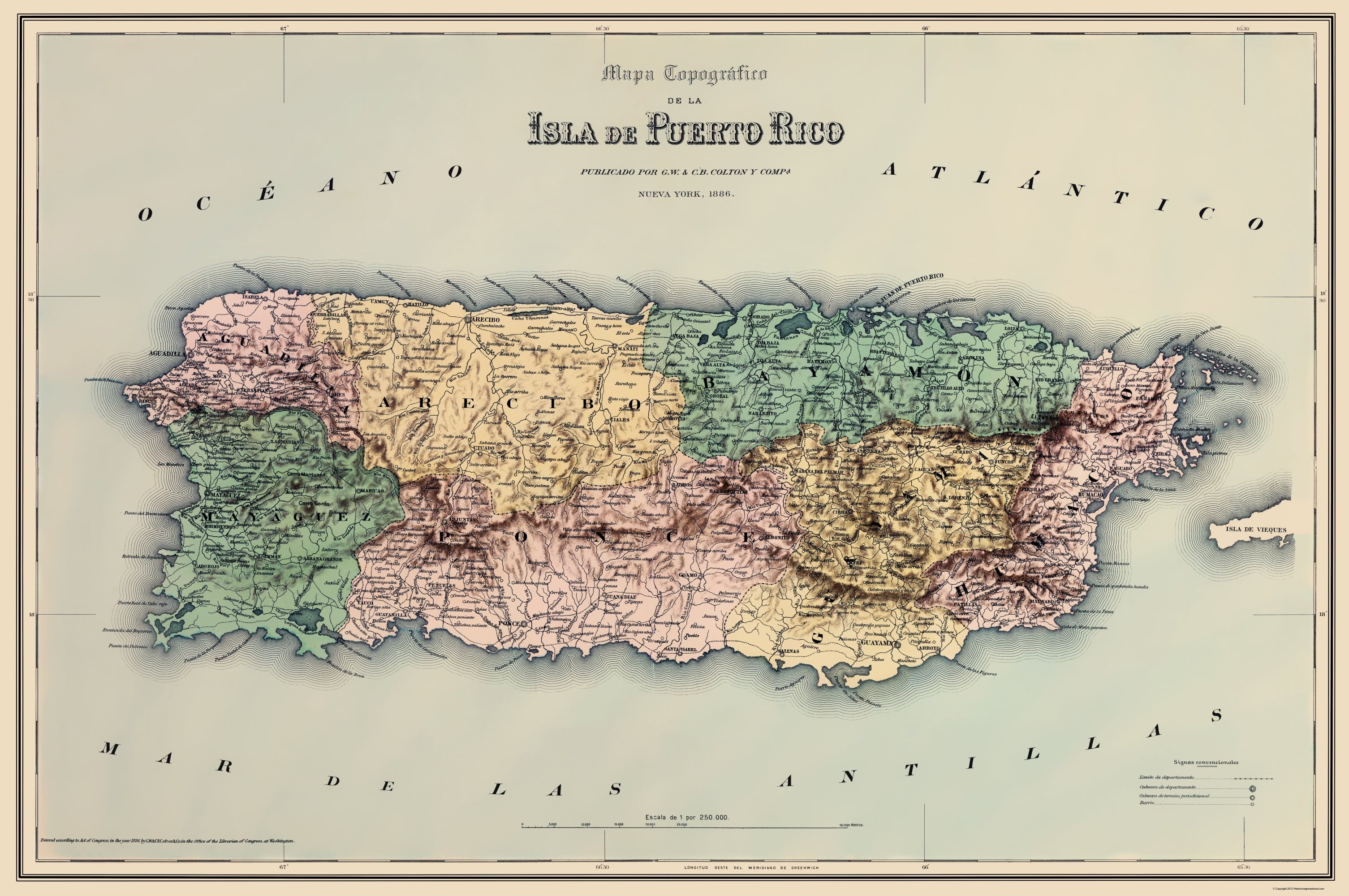 Historic Map - Puerto Rico - Colton 1886 - 23 x 34.63 - Vintage Wall ...