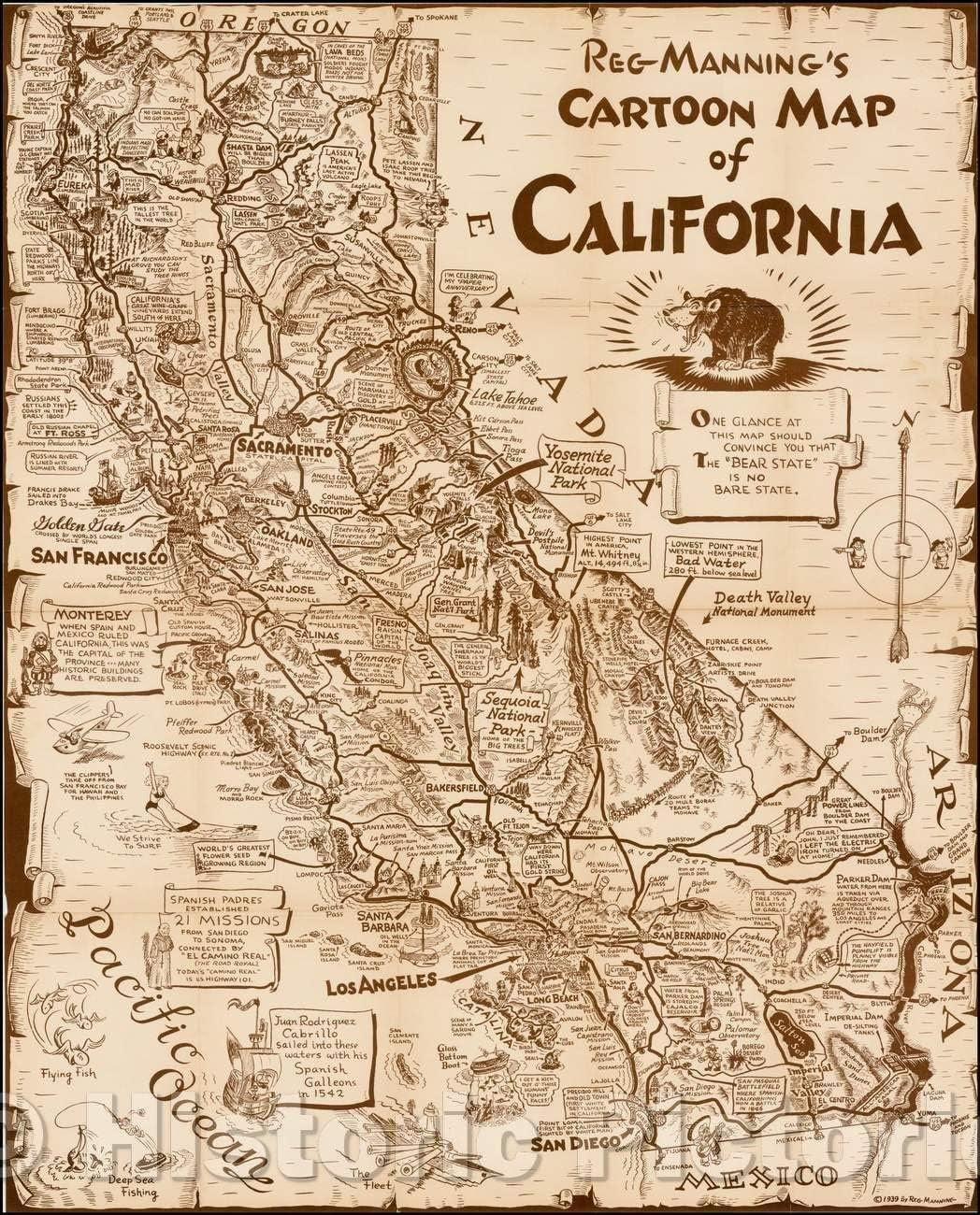 Historic Map - Reg Manning's Cartoon Map of California, 1939, Reginald ...