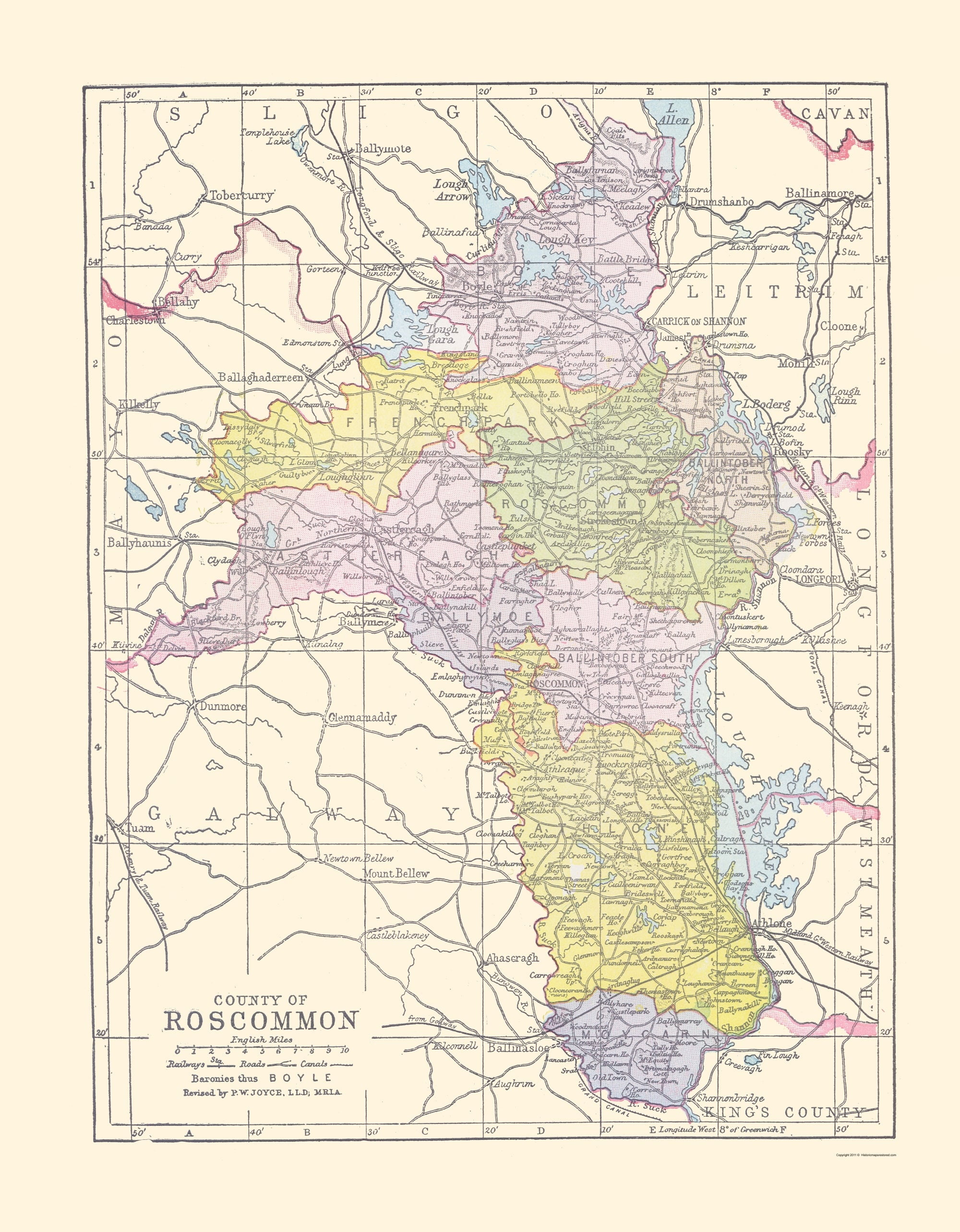 Historic Map - Roscommon County Ireland - Bartholomew 1882 - Vintage ...