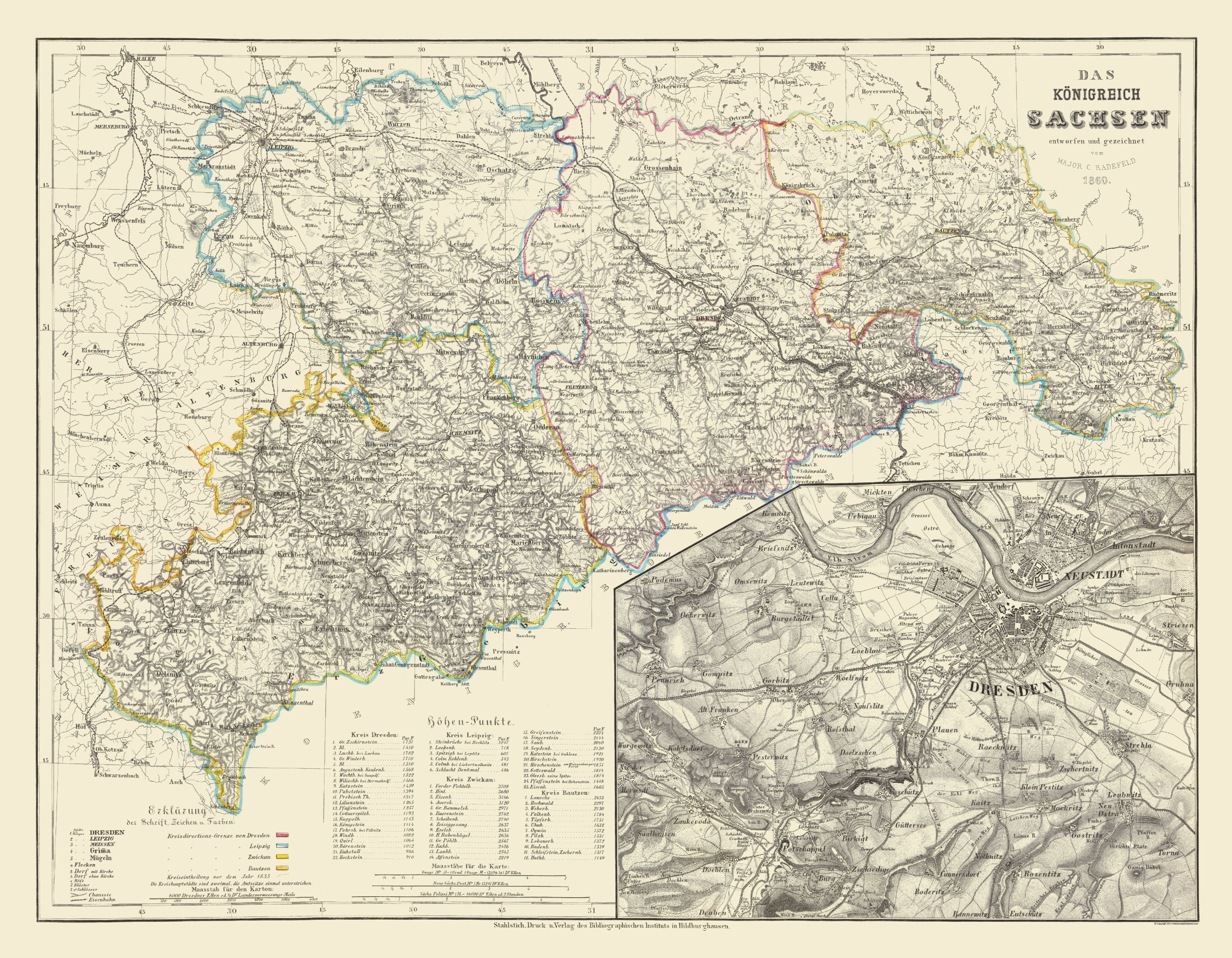 Historic Map - Saxony Region Dresden Germany - Radefeld 1860 - 23 x 29 ...