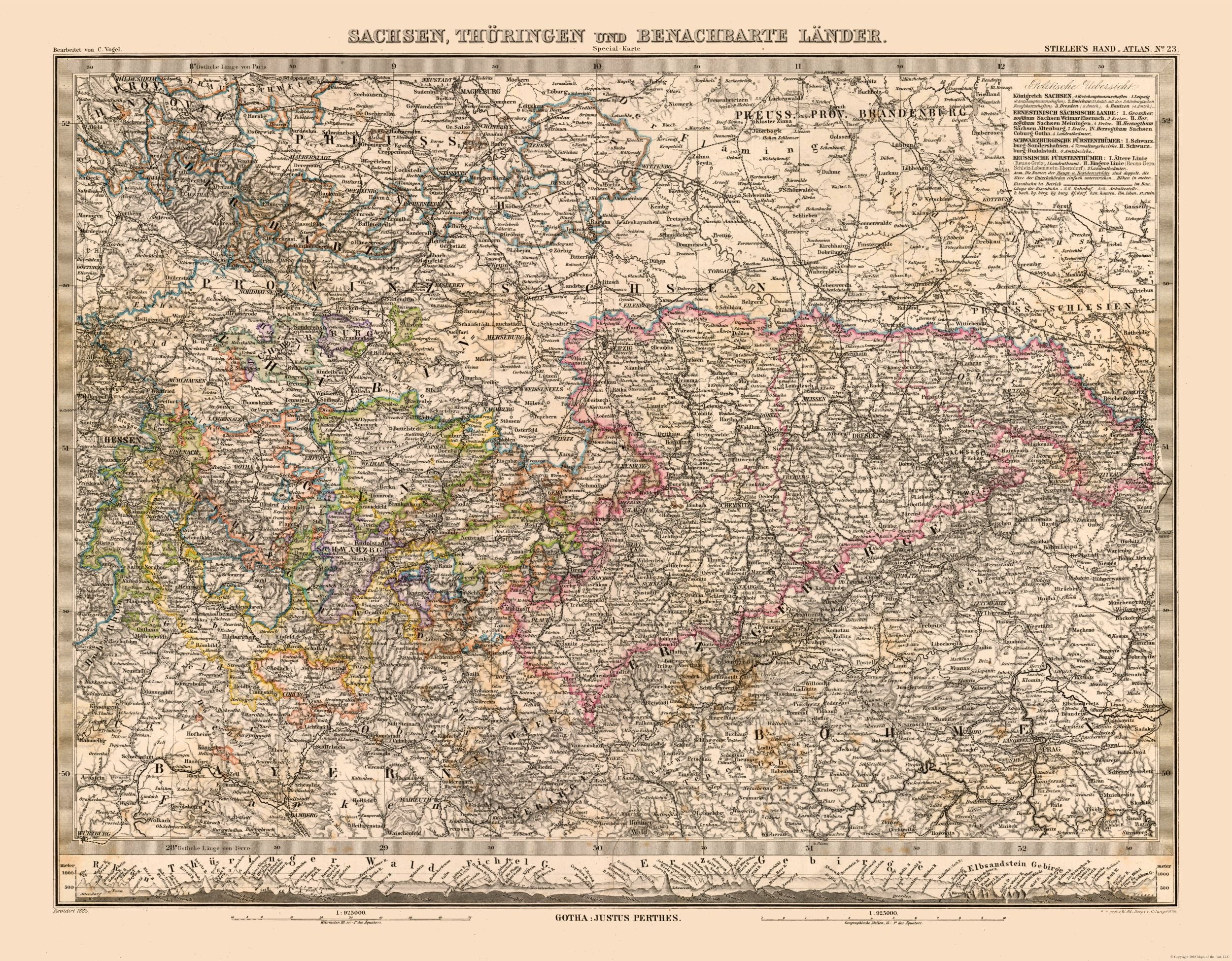 Historic Map - Saxony Thuringia Germany - Stieler 1885 - 27.68 x 23 ...