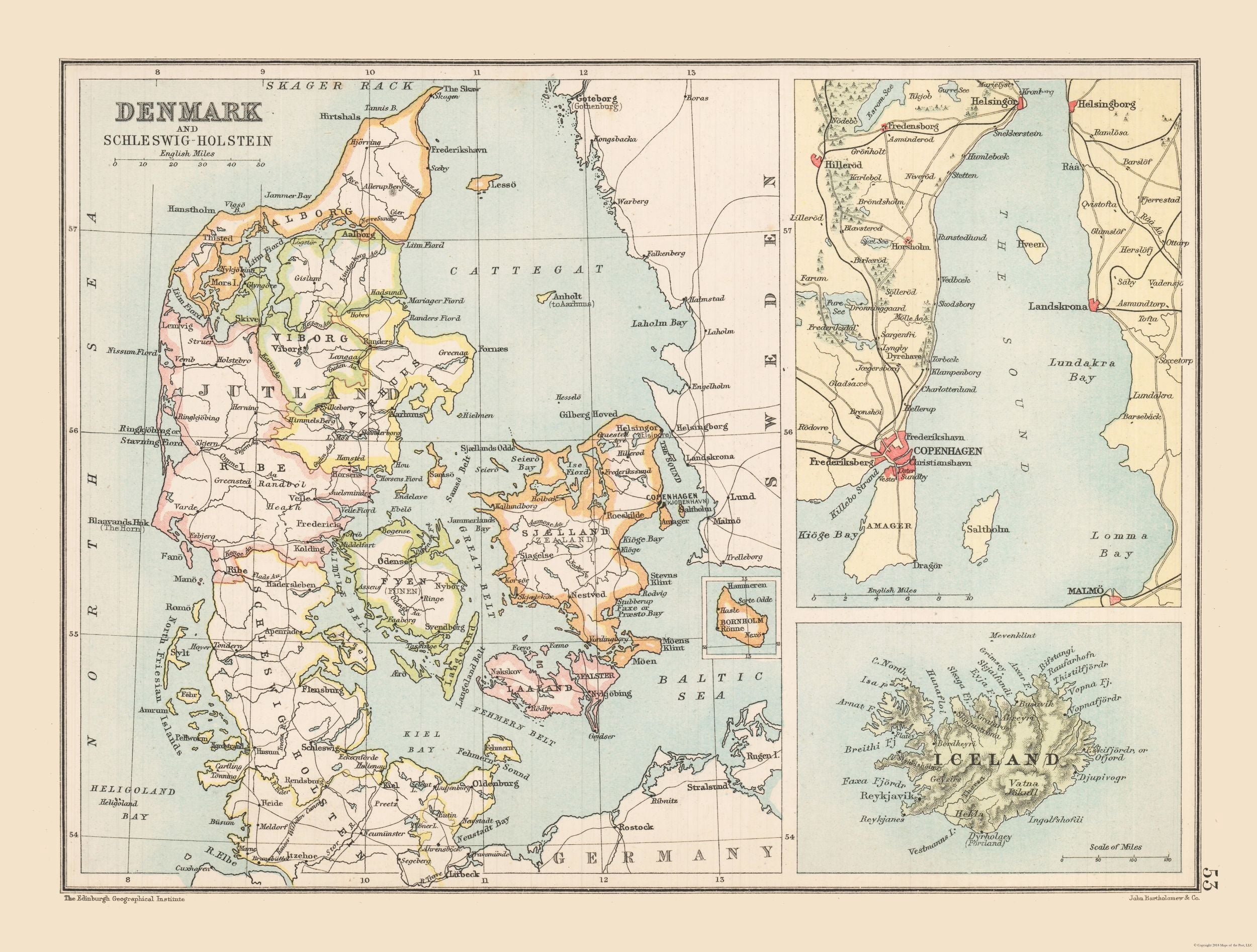 Historic Map - Schleswig Holstein Germany Denmark - Bartholomew 1892 ...