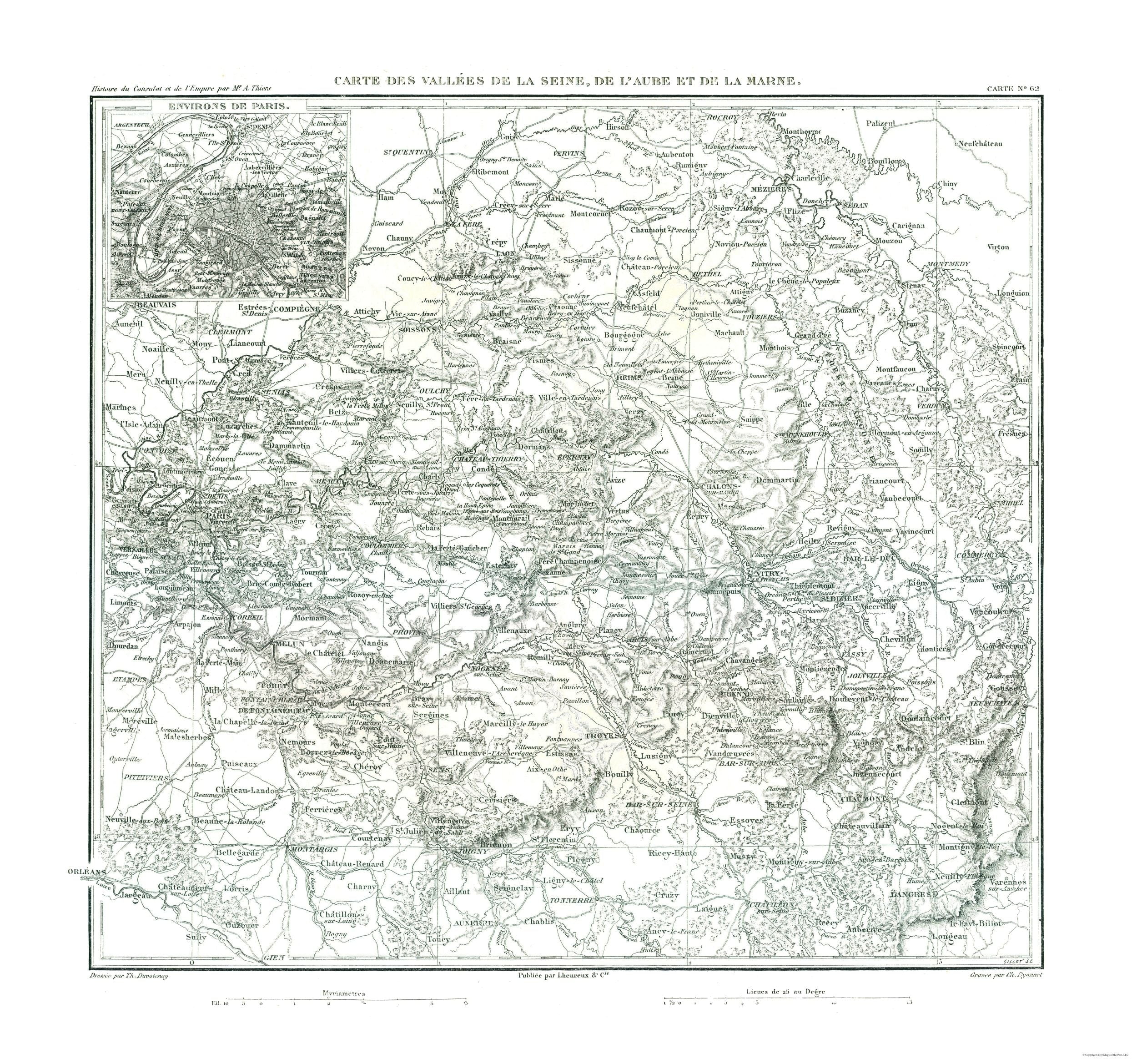 Historic Map - Seine Aube Marne Valleys France - Thiers 1866 - 24.59 x ...