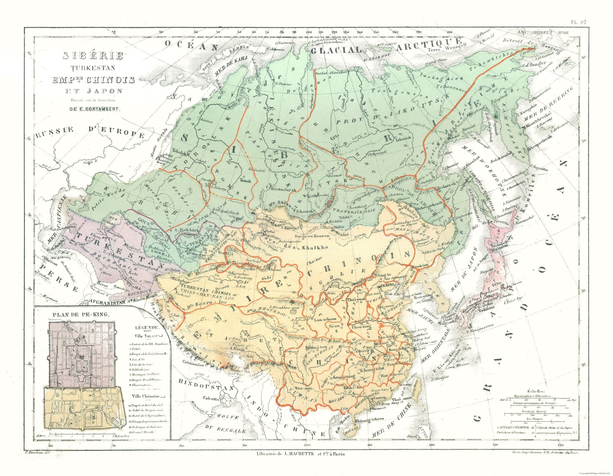 Historic Map - Siberia China Turkestan - Cortambert 1880 - 29.64 x 23 ...