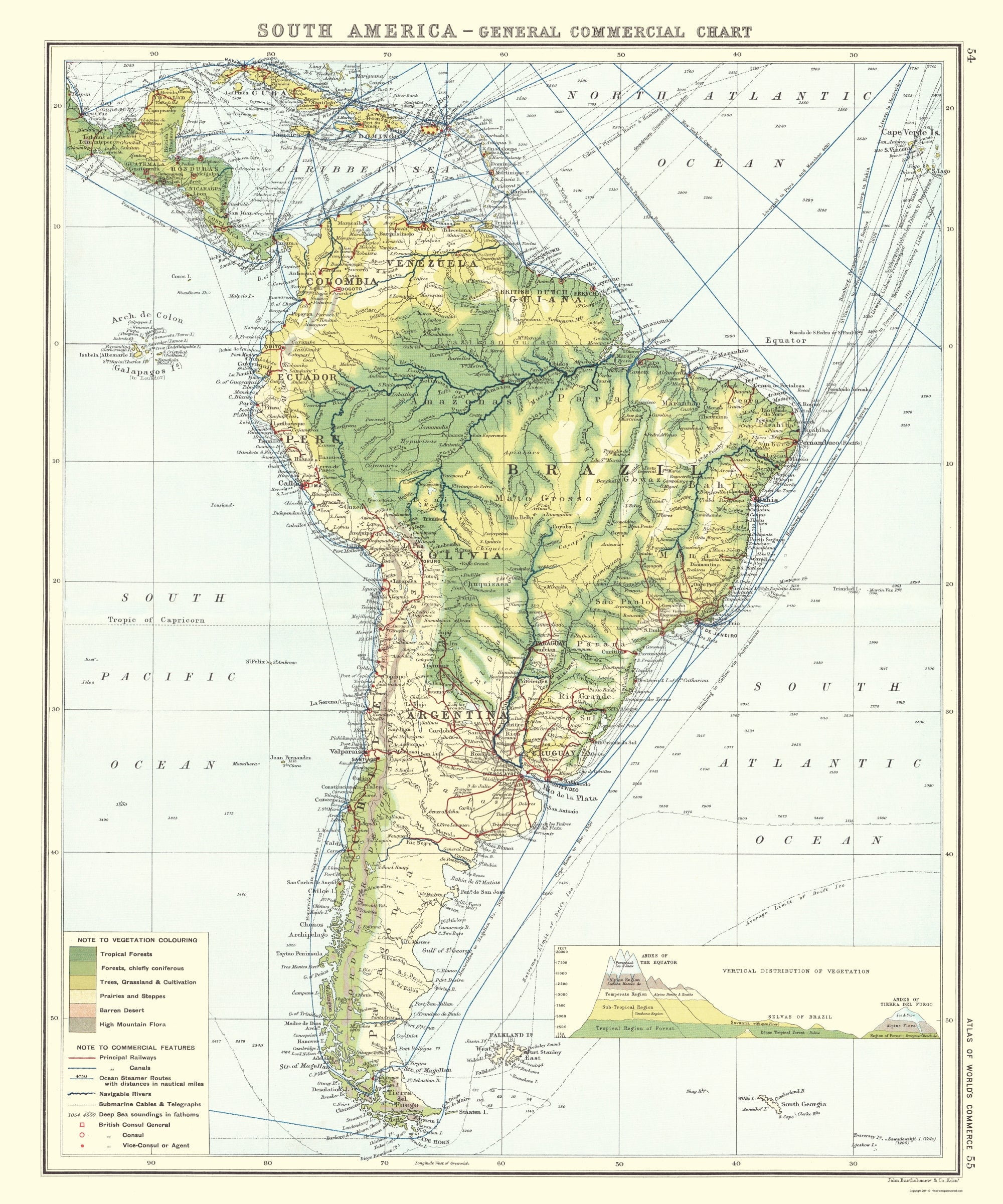 Historic Map - South America Commercial Chart - Newnes 1907 - 23 x 27 ...