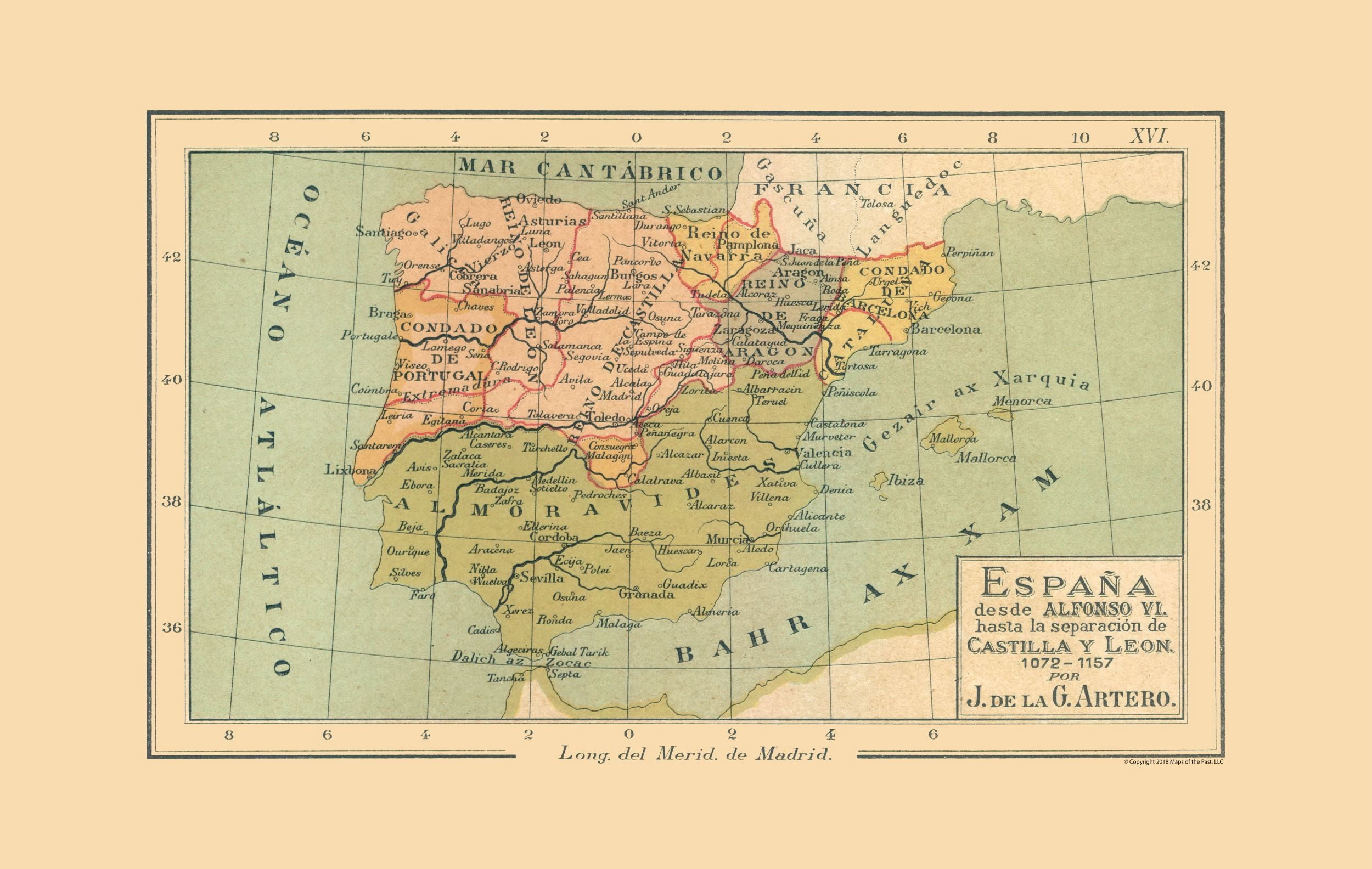 Historic Map - Spain 1072 AD to 1157 AD - Artero 1879 - 36.29 x 23 ...