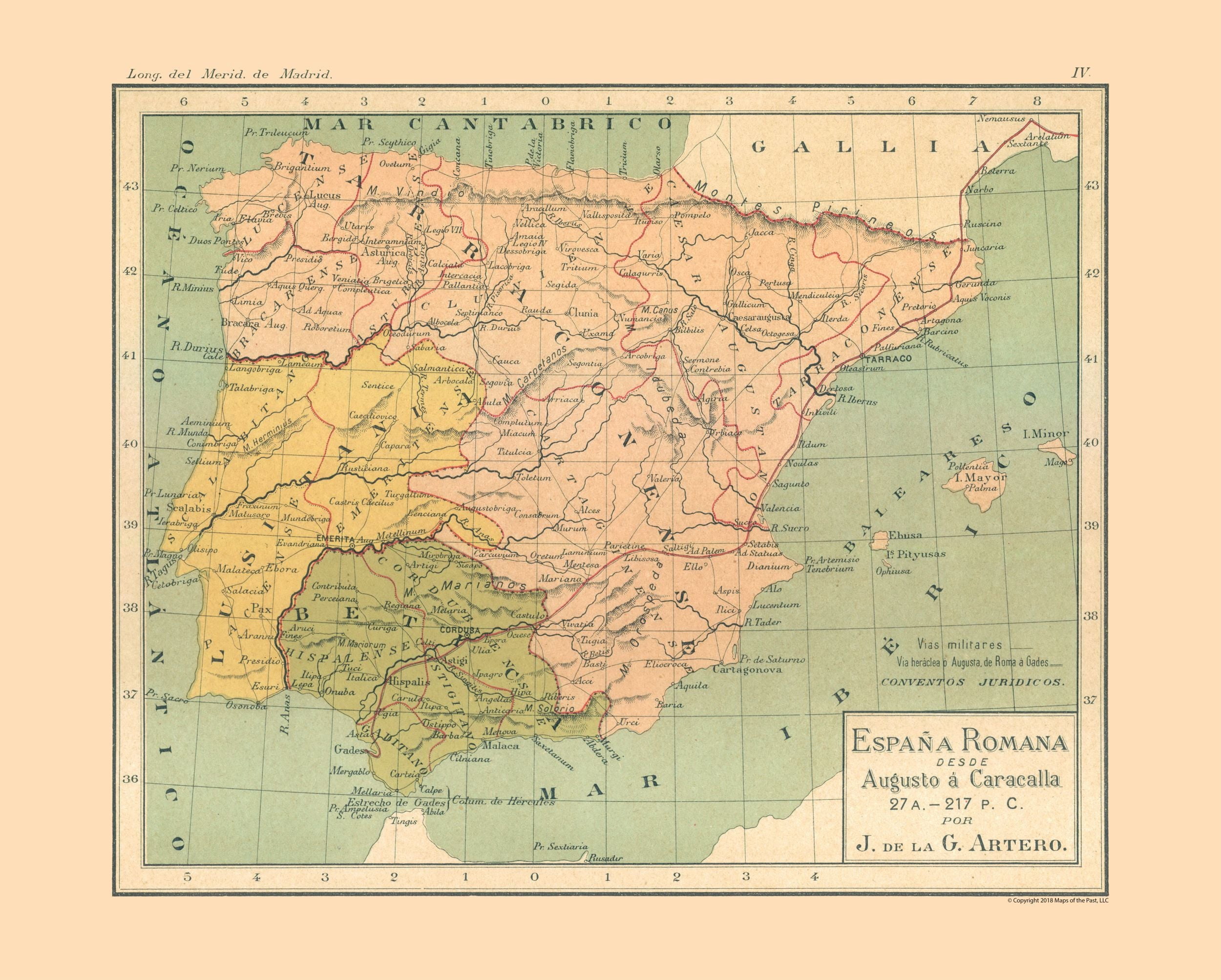Historic Map - Spain 27 AD to 217 AD - Artero 1979 - 28.66 x 23 ...