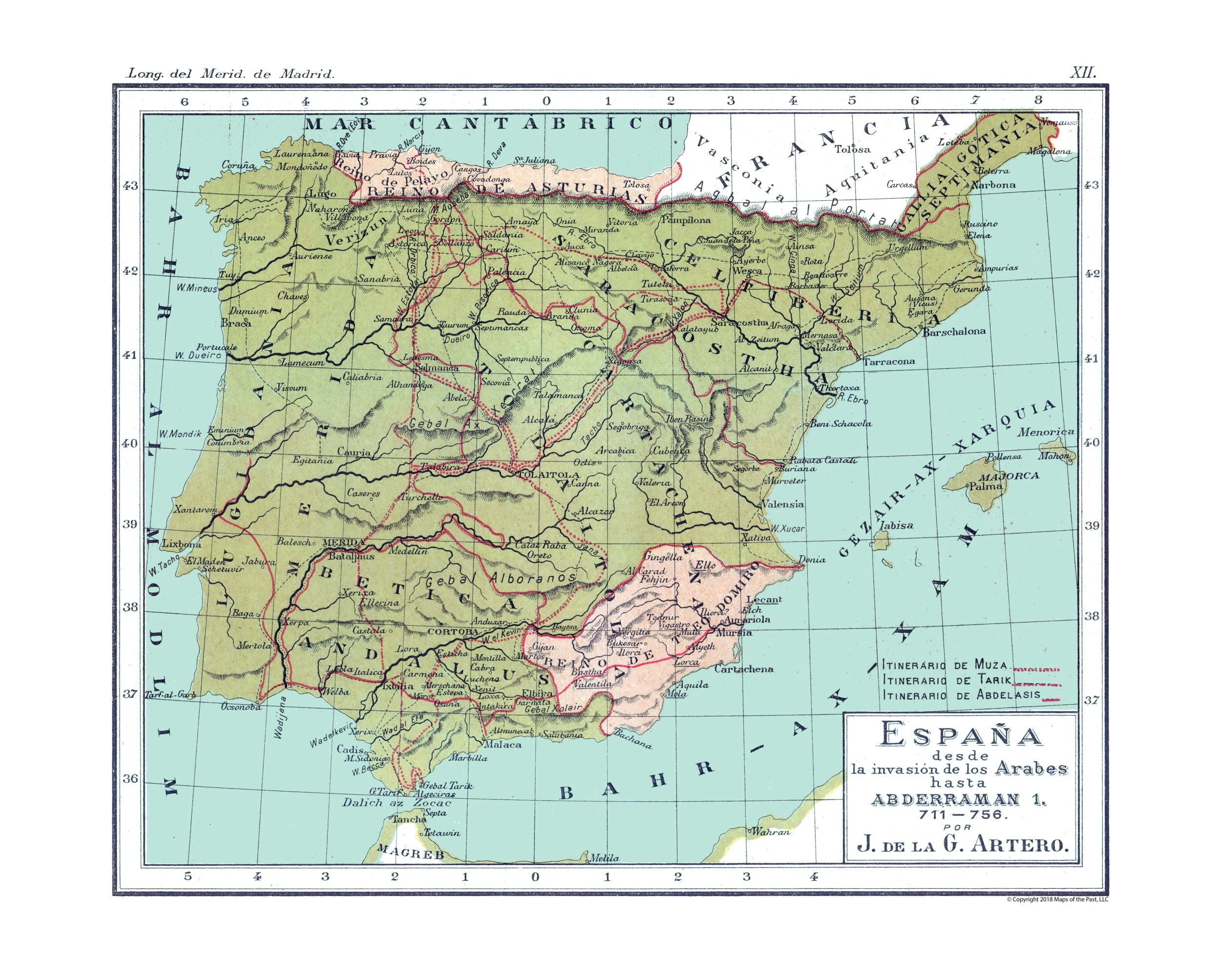 Historic Map - Spain 711 AD to 756 AD - Artero 1879 - Vintage Wall Art ...