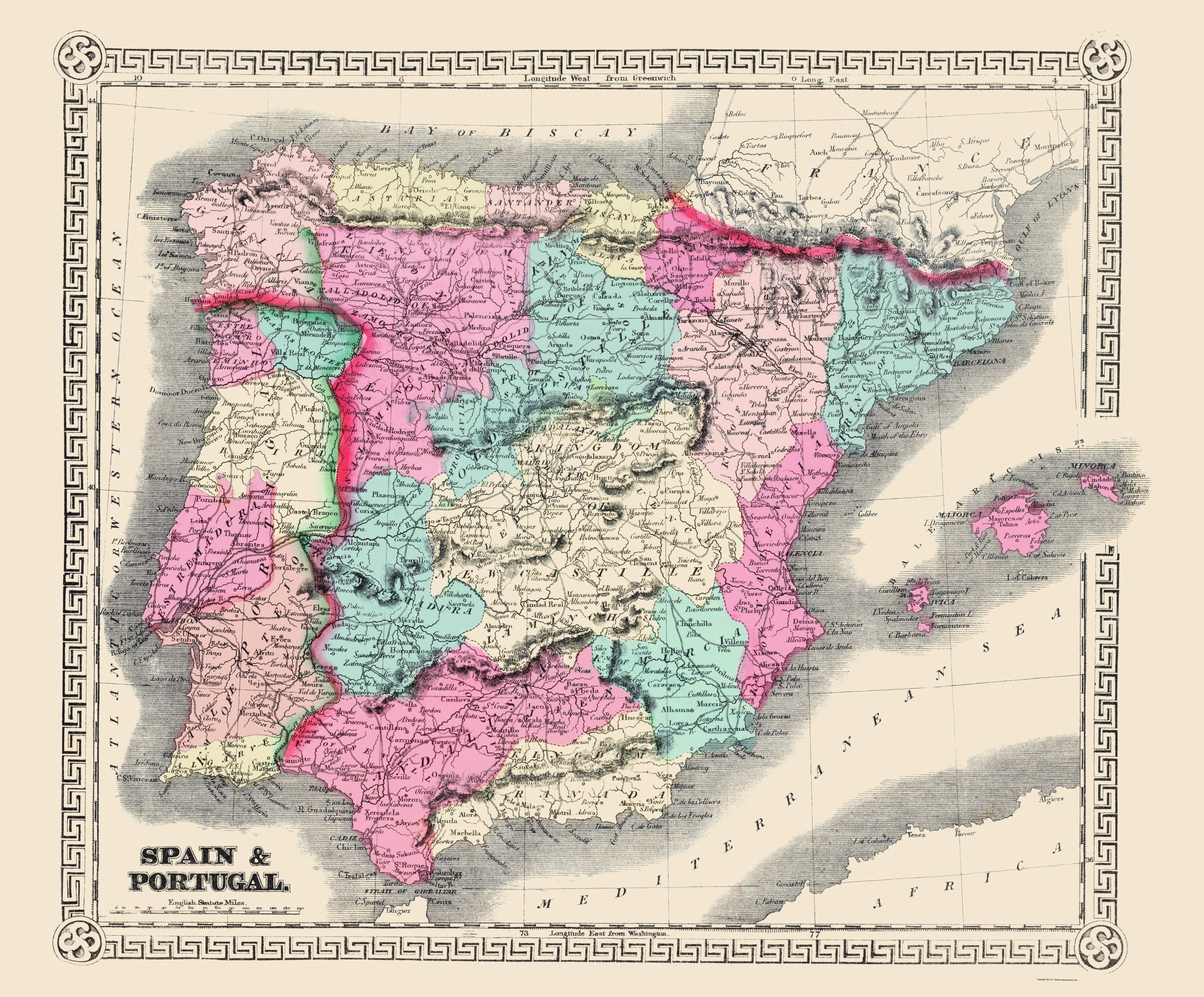 Historic Map - Spain Portugal - Schonberg 1865 - 23 x 27.78 - Vintage ...