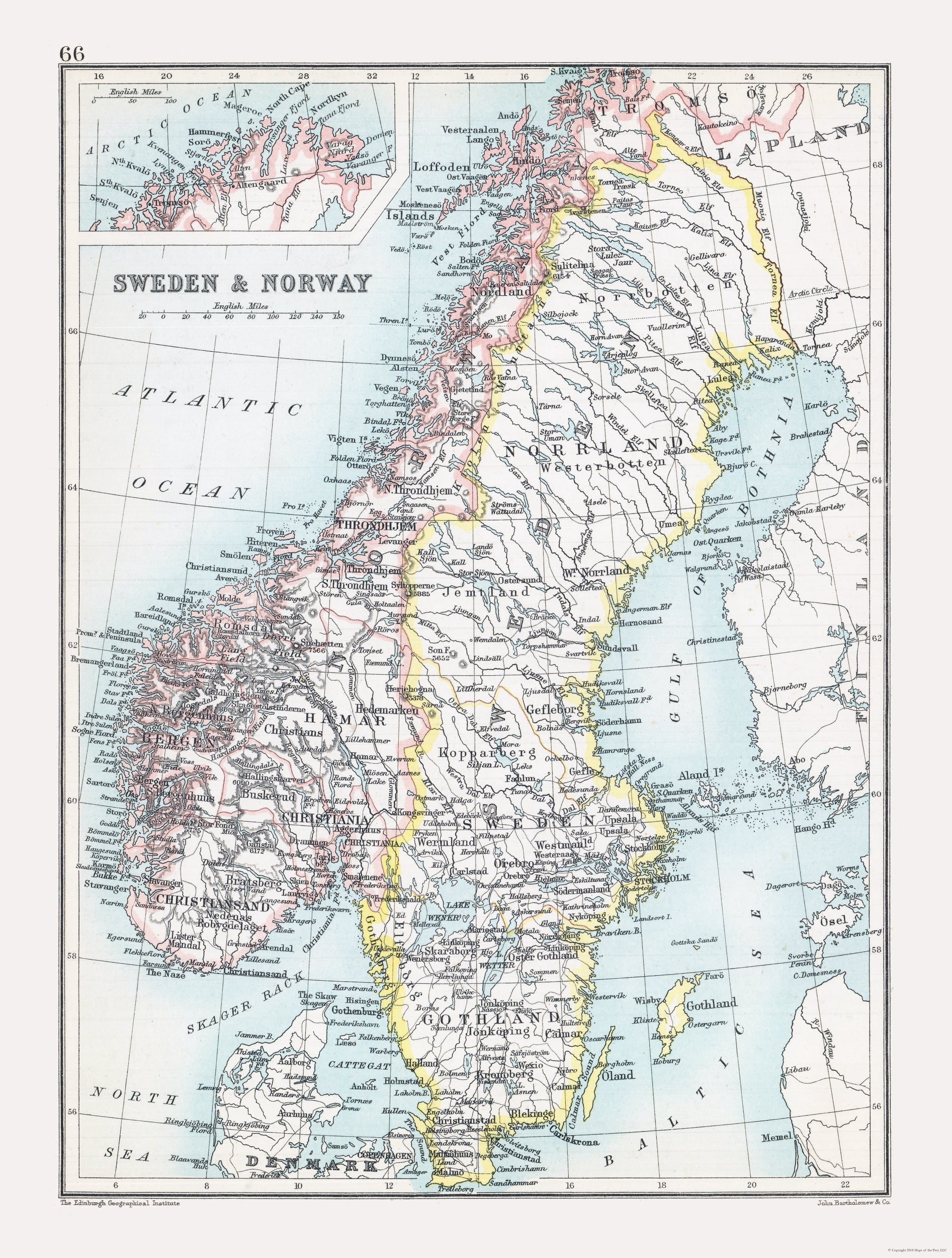Historic Map - Sweden Norway - Bartholomew 1892 - Vintage Wall Art ...