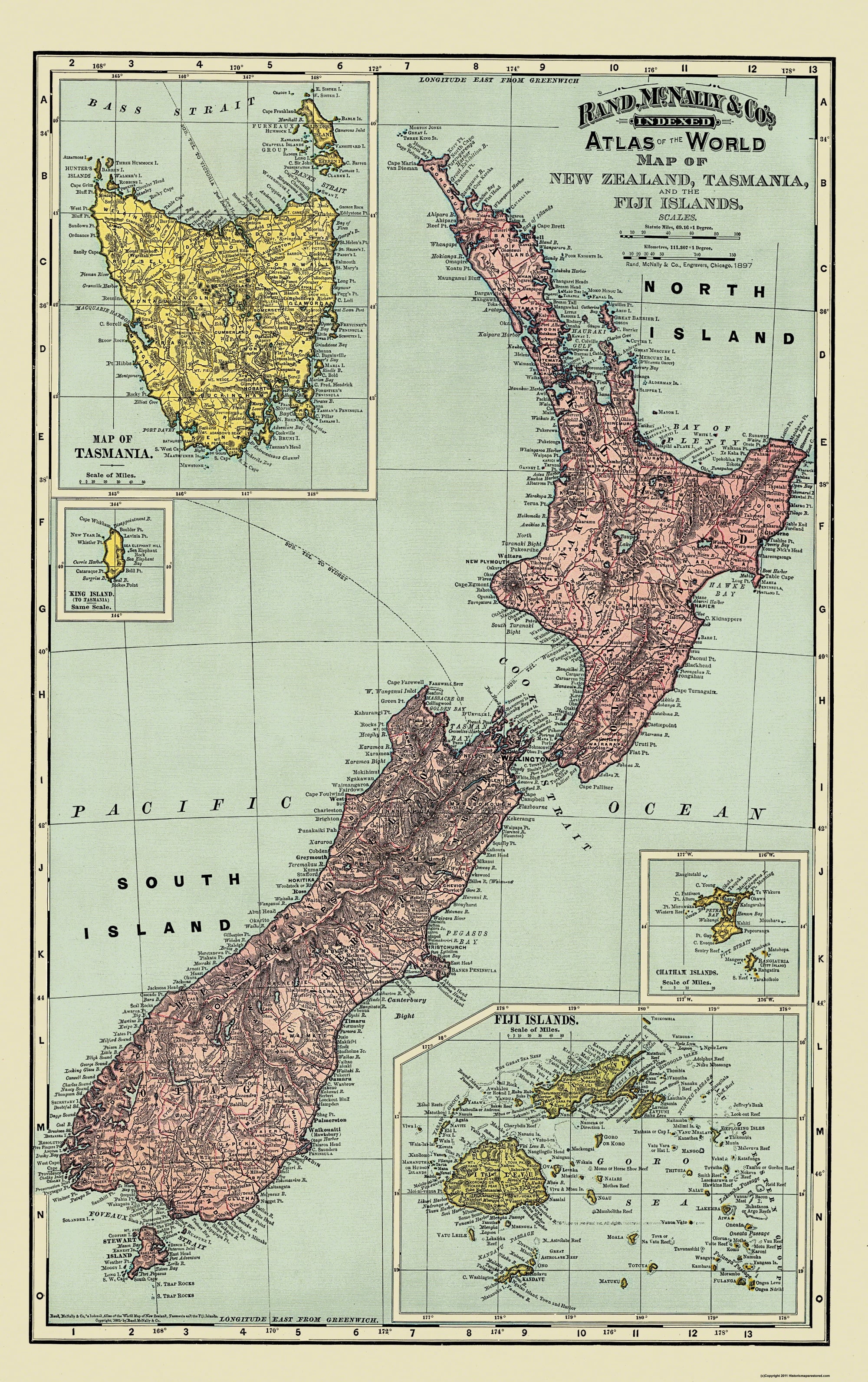 Historic Map - Tasmania Figi Islands New Zealand - Rand McNally 1897 ...