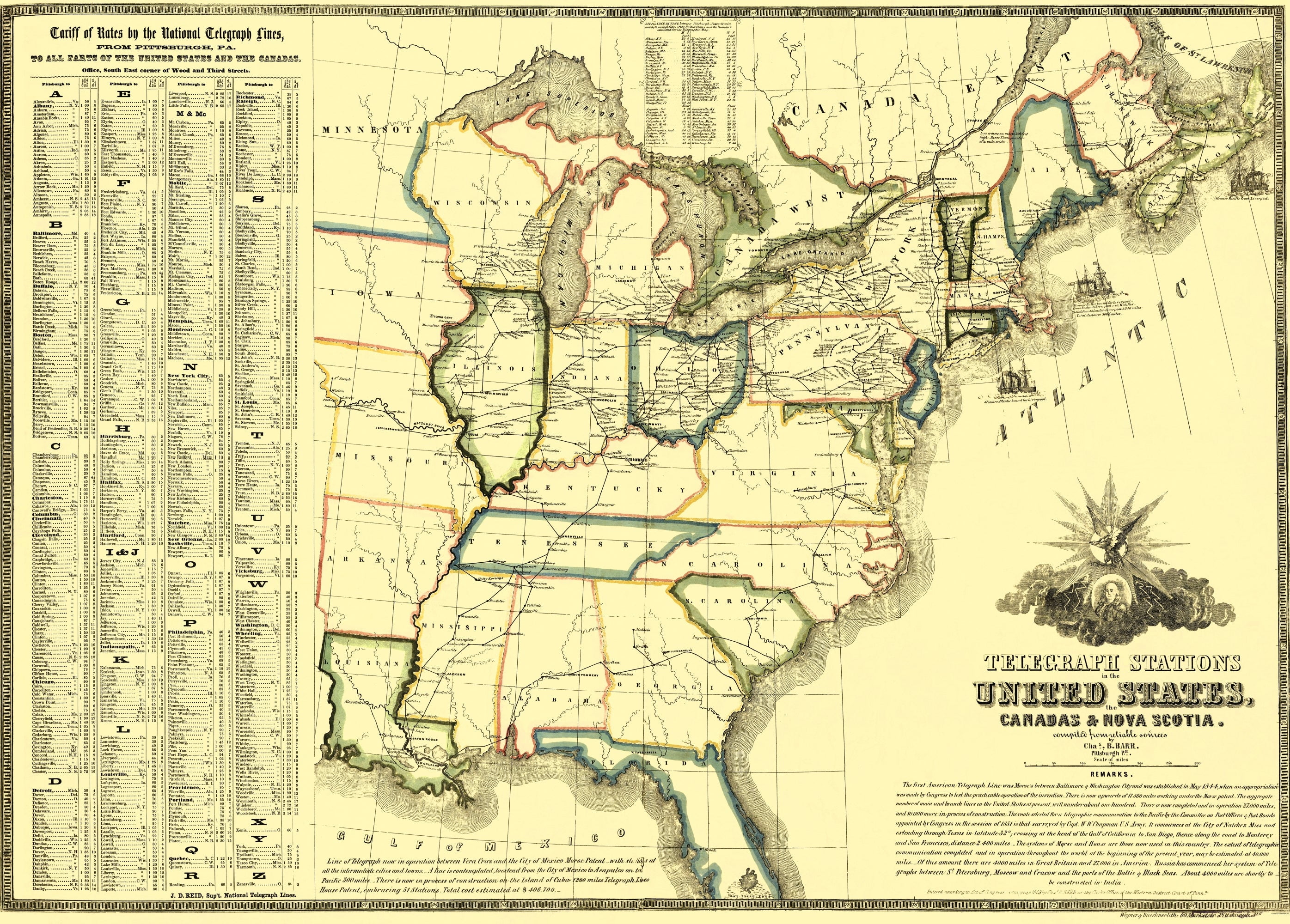 Historic Map - United States Canada Telegraph Stations - Barr 1853 - 23 ...