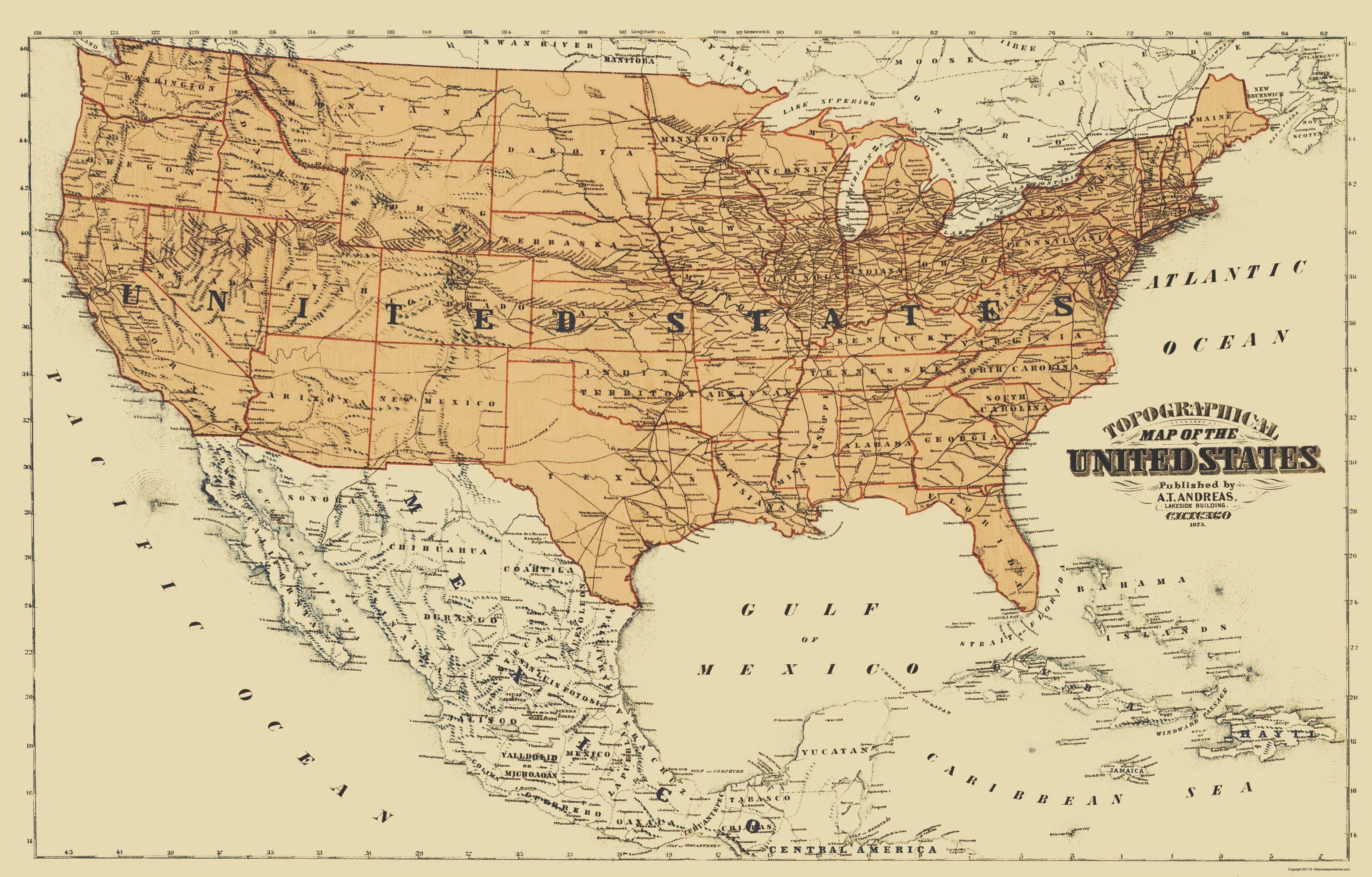 Historic Map - United States Mexico Canada - Andreas 1873 - Vintage ...