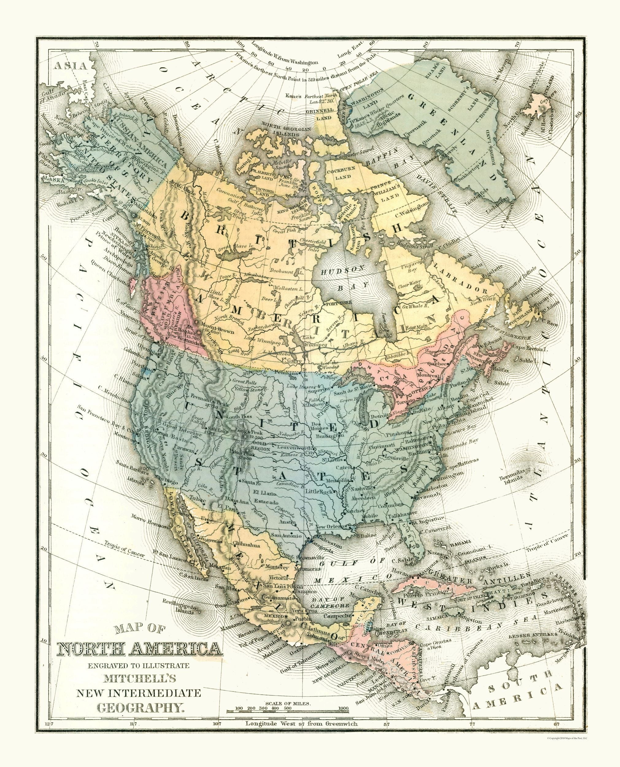 Historic Map - United States Mexico Canada - Mitchell 1869 - 23 x 28.45 ...