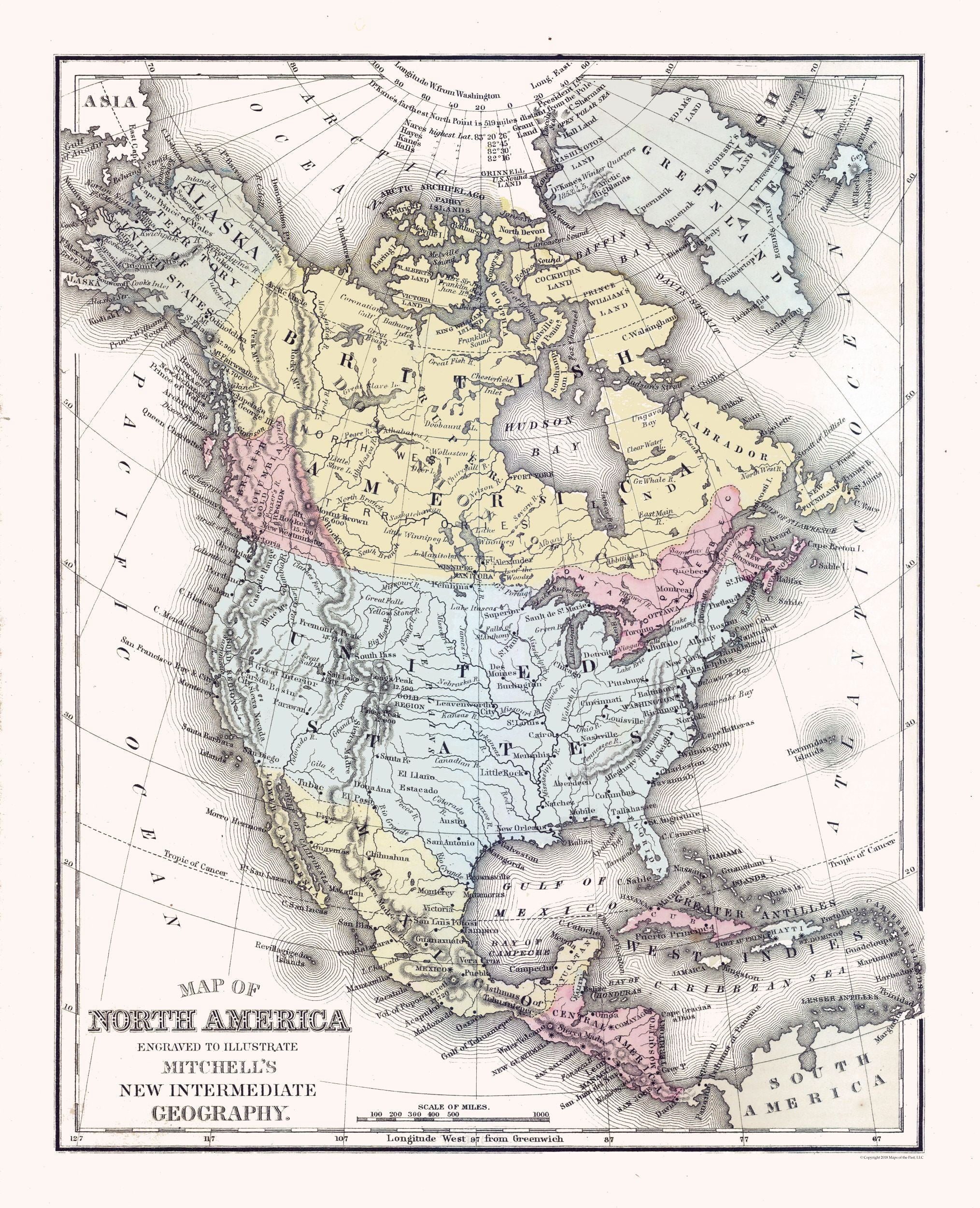 Historic Map - United States Mexico Canada - Mitchell 1877 - Vintage ...