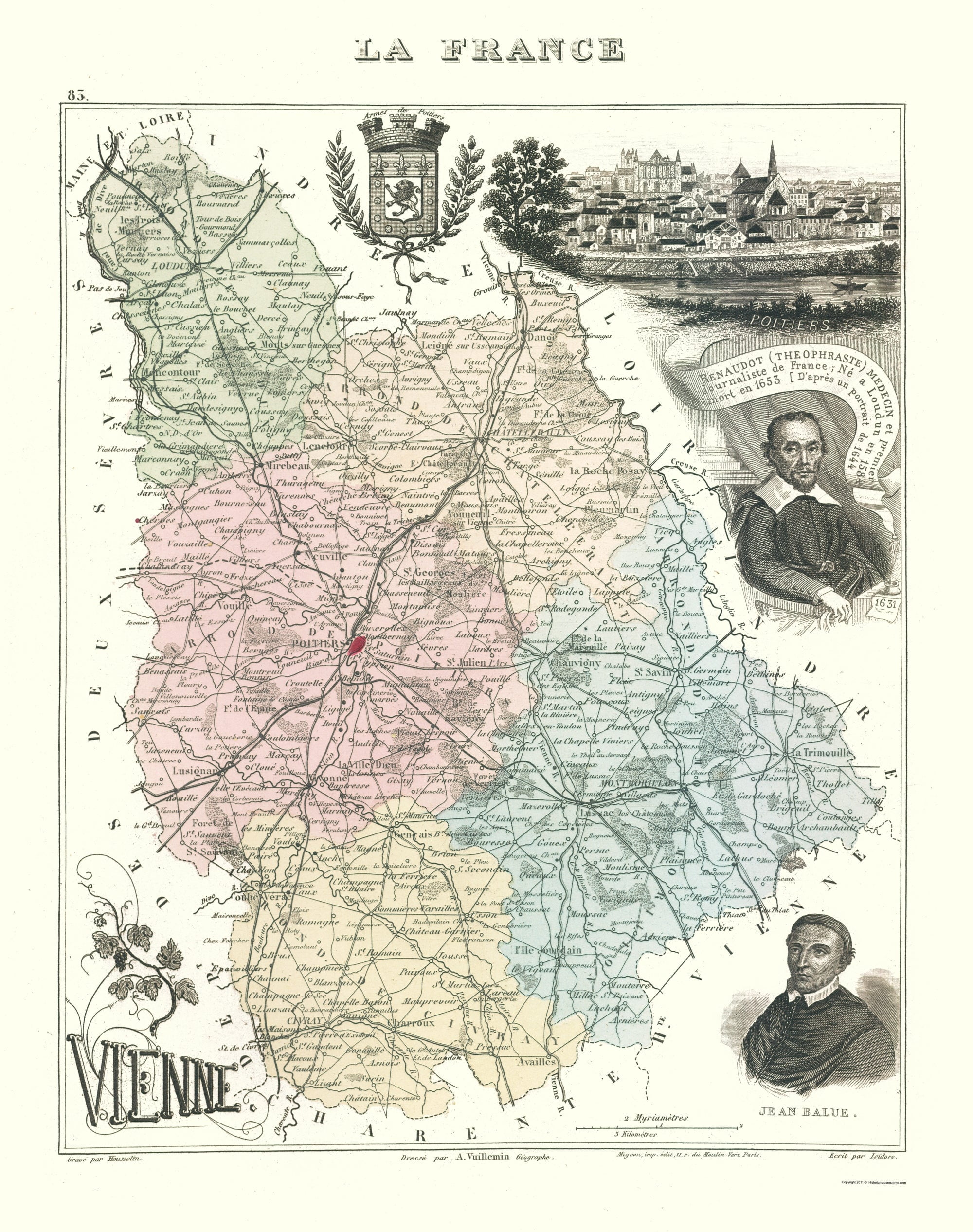 Historic Map - Vienne Department France - Migeon 1869 - 23 x 29.11 ...