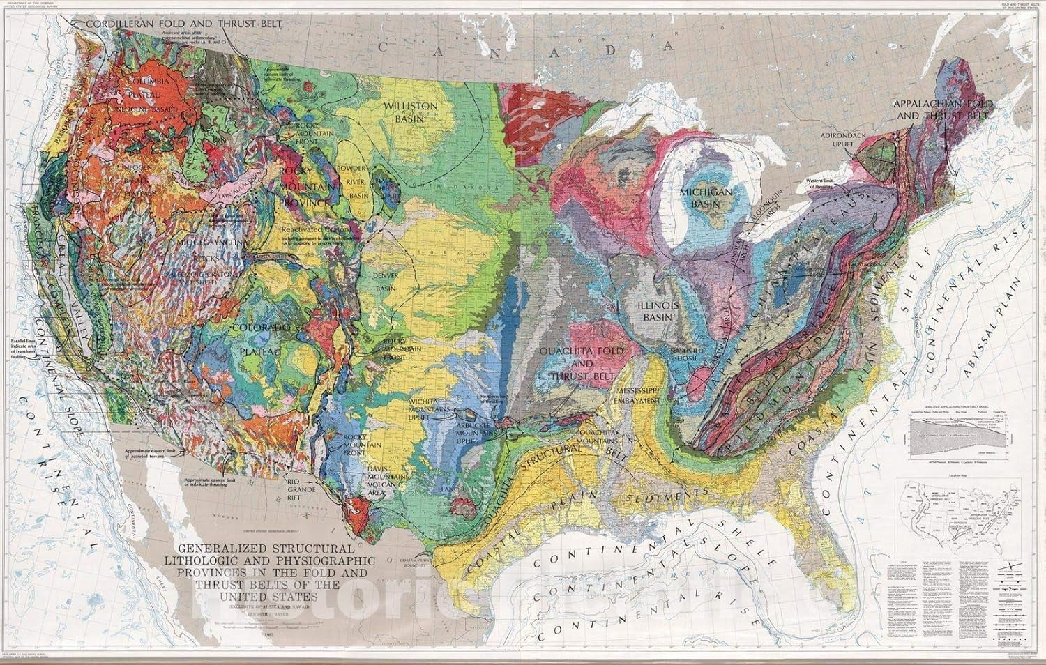 Historic Map - Wall Map, United States - Geology: Physiographic ...
