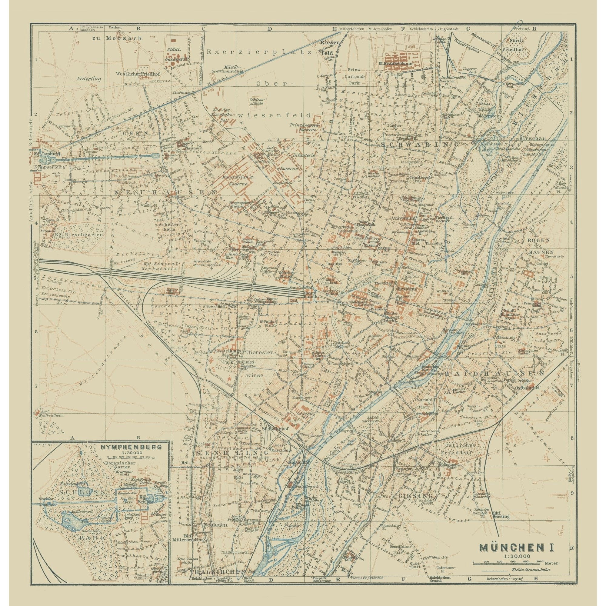 Historic Map - West Munich Germany - Baedeker 1914 - Vintage Wall Art ...