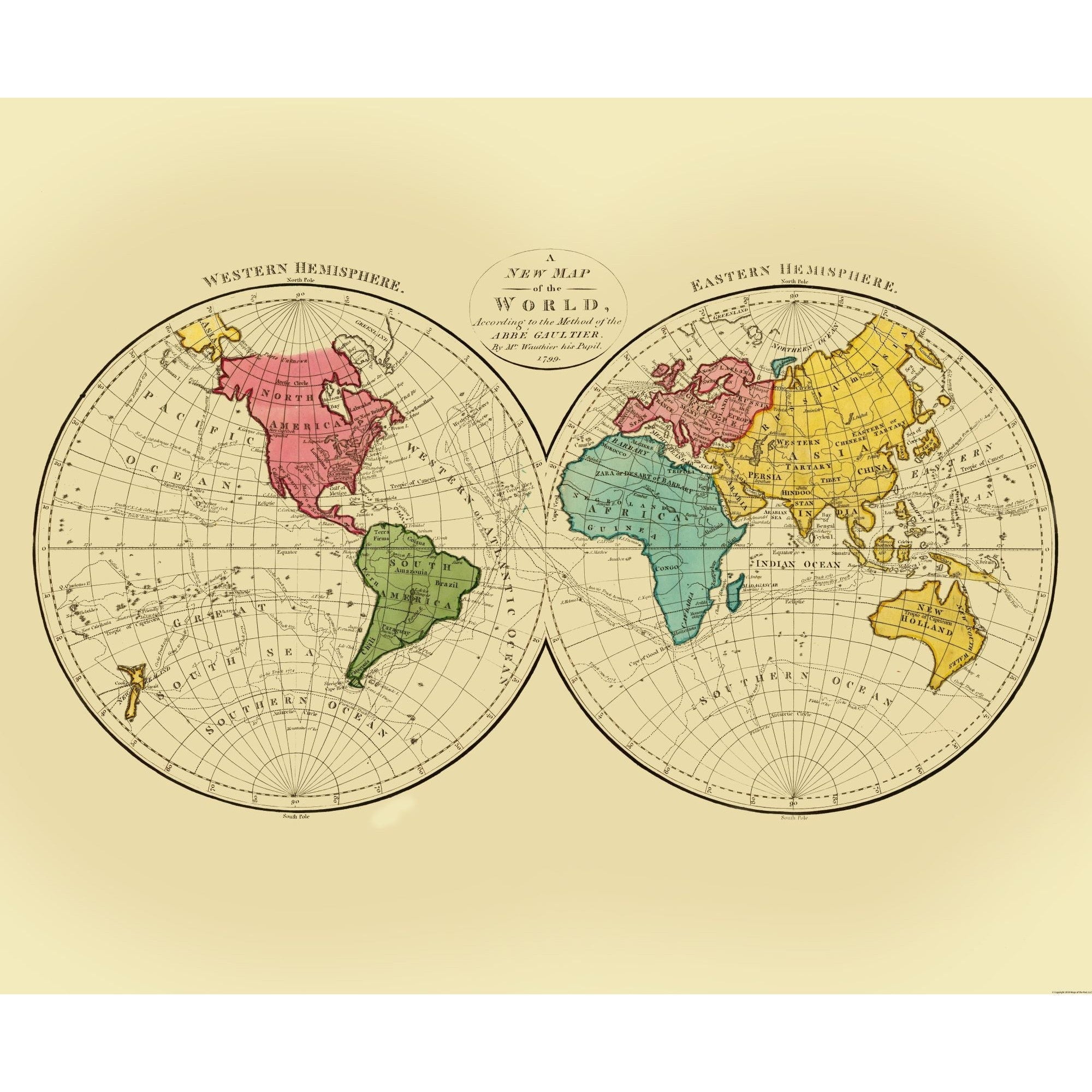 Historic Map - Western Eastern Hemispheres - Gaultier 1799 - Vintage ...