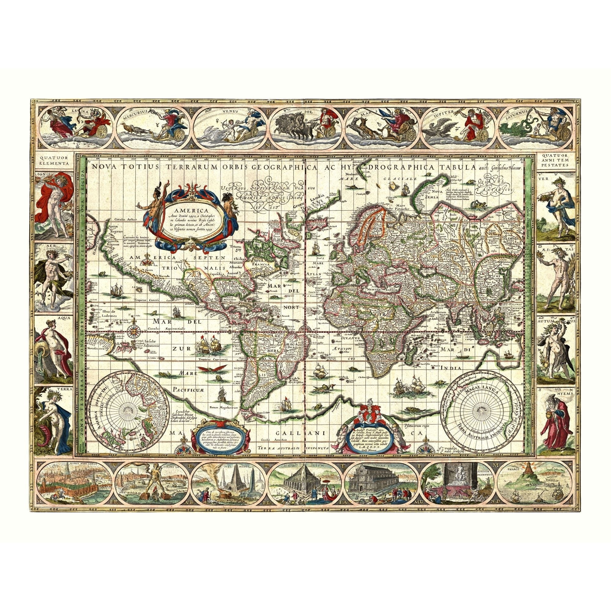 Historic Map - World America 1492 to 1499 - Bleau - Vintage Wall Art ...