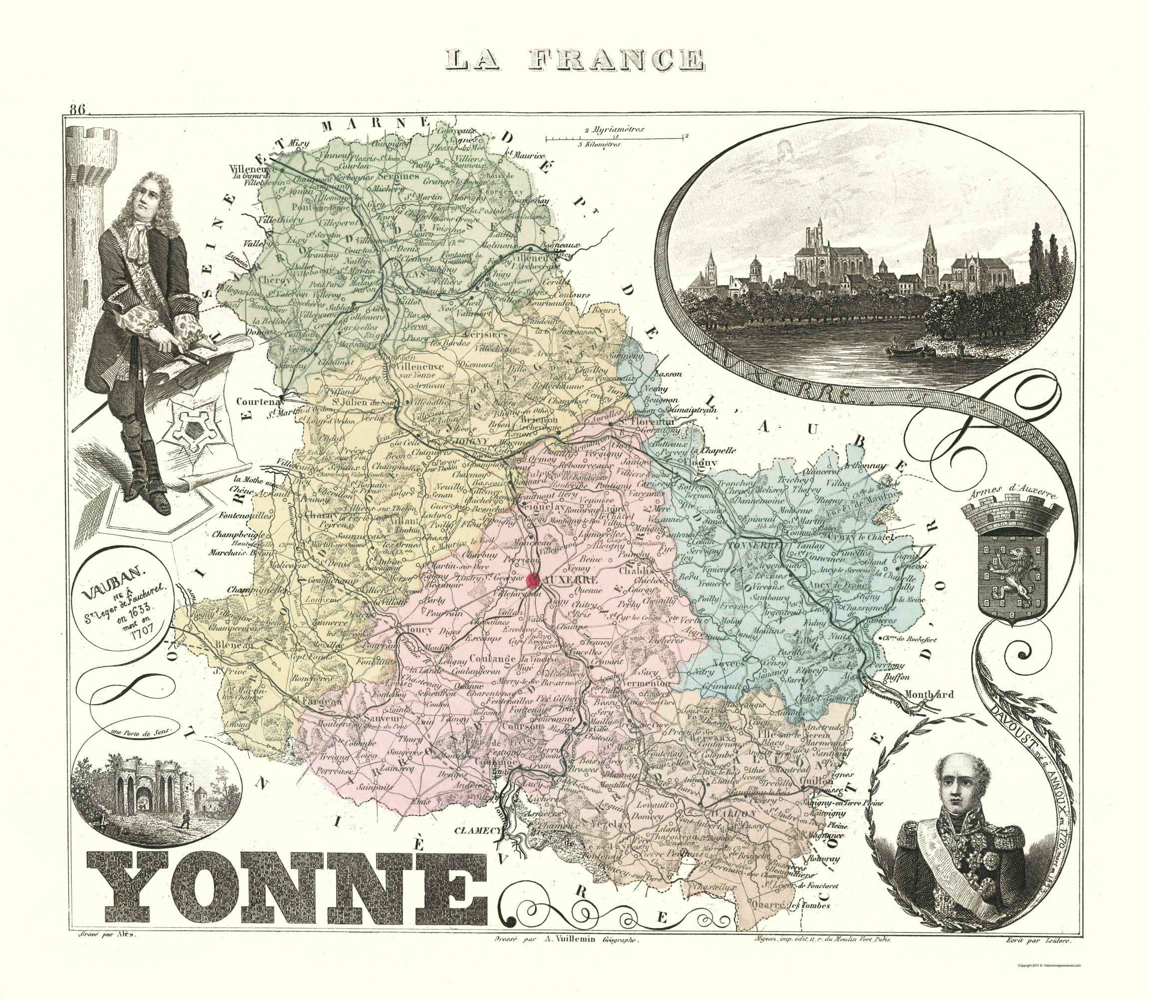 Historic Map - Yonne Department France - Migeon 1869 - 23 x 26.49 ...