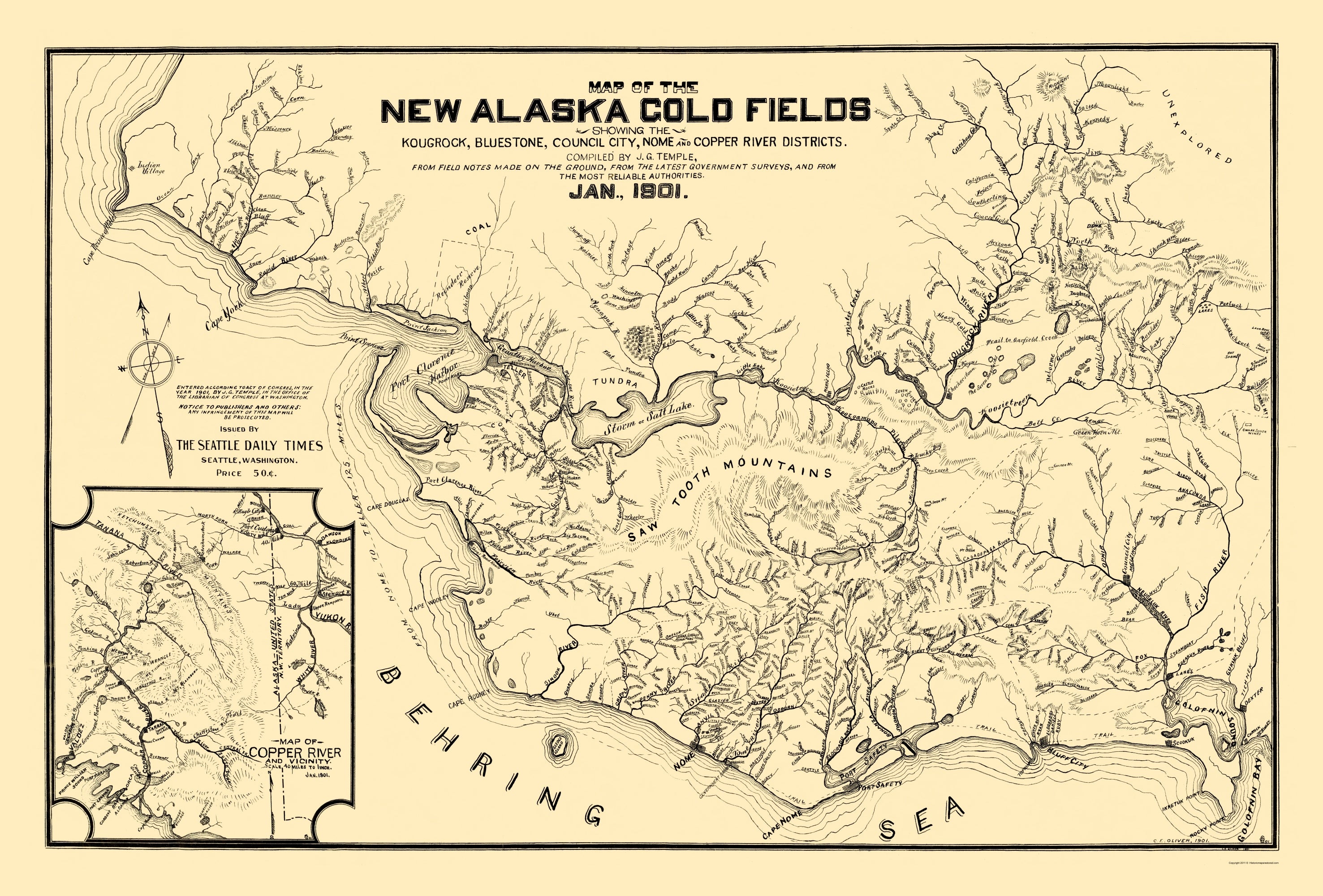 Historic Mine Map - Alaska Gold Fields - Temple 1901 - 23 x 33.96 - Vintage Wall Art - Walmart.com