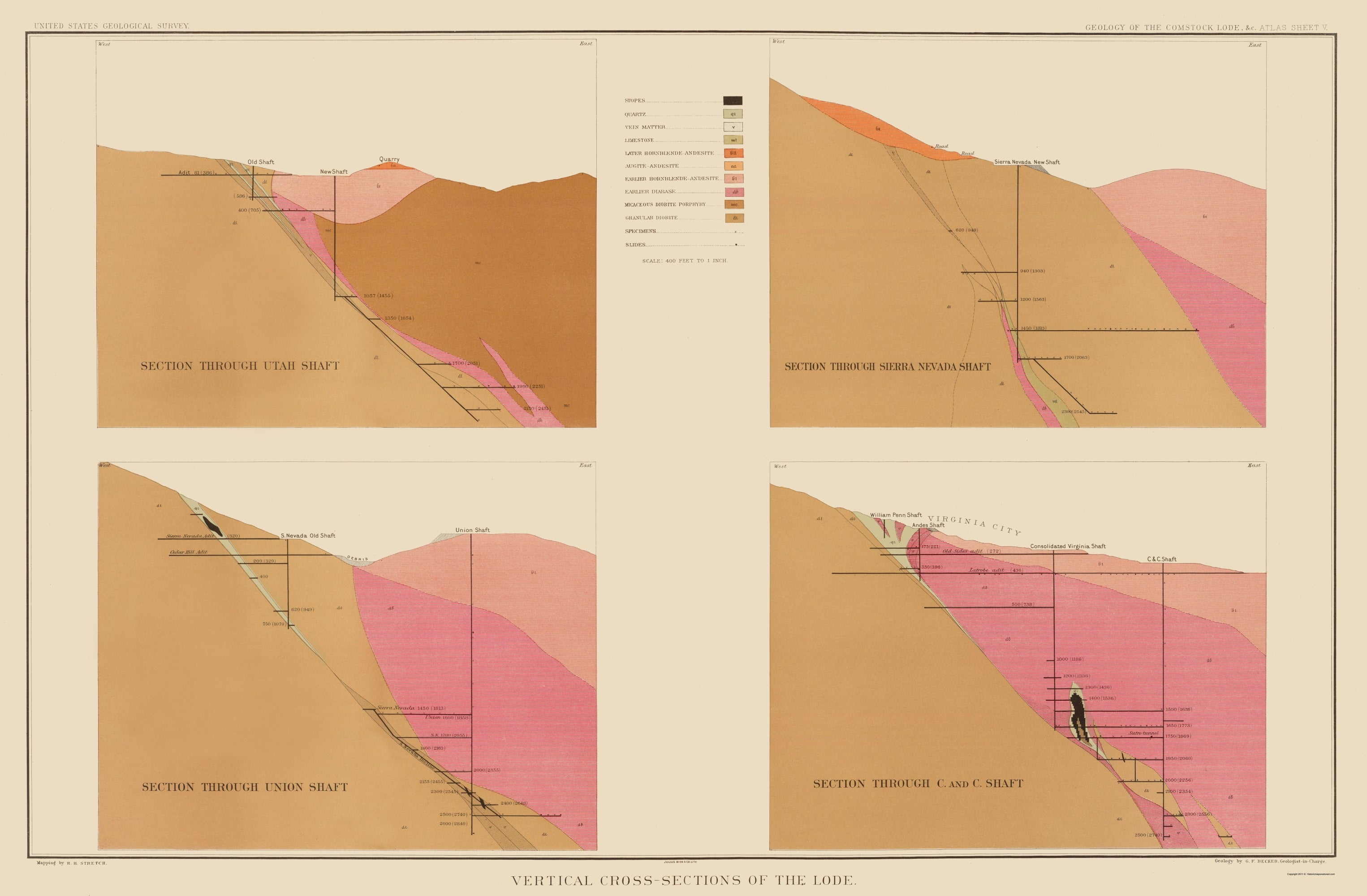 Historic Mine Map - Nevada Comstock Lode Geology 1 - Becker 1882 - 23 x ...