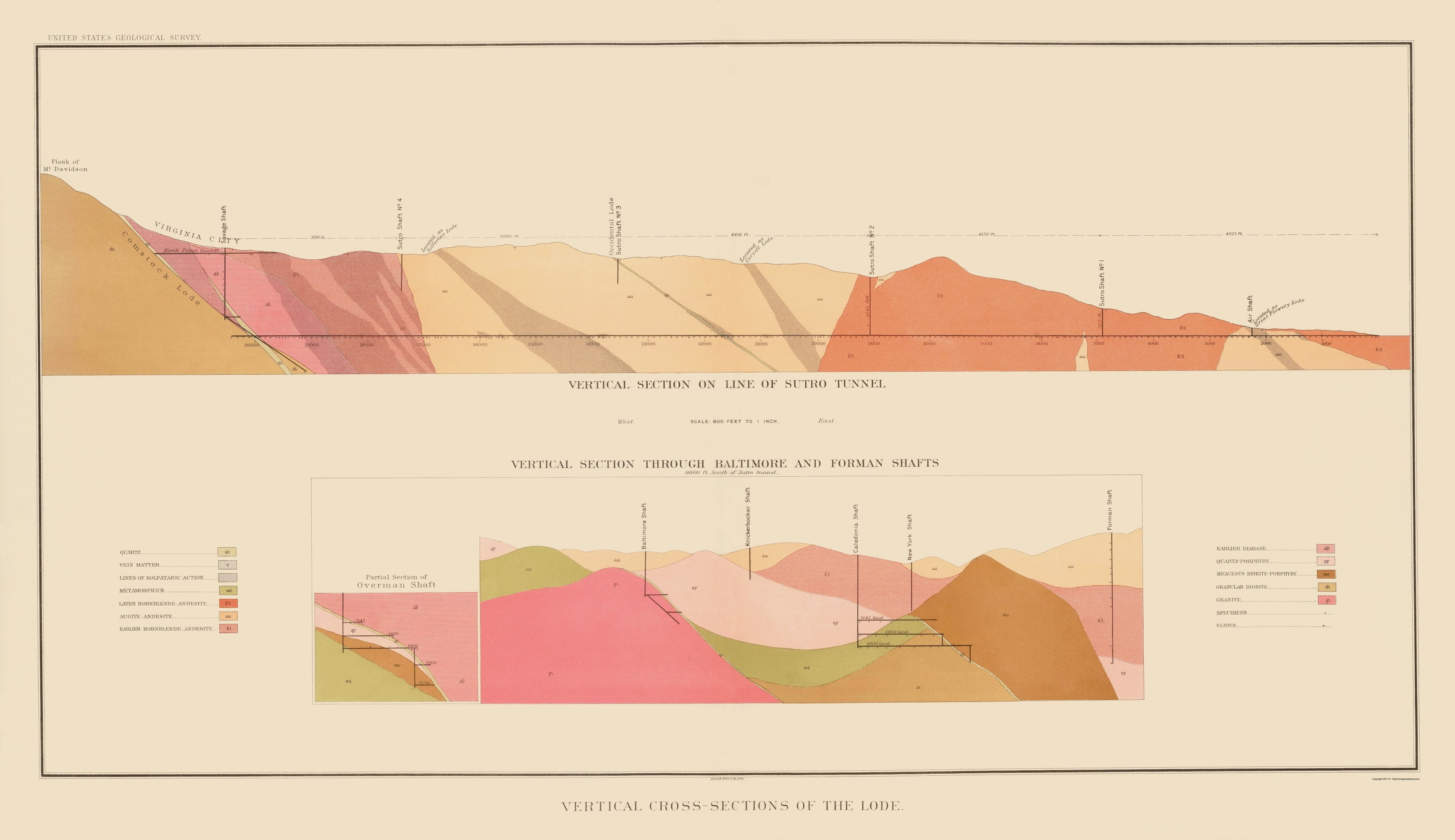 Historic Mine Map - Nevada Comstock Lode Geology 2 - Becker 1882 - 23 x ...