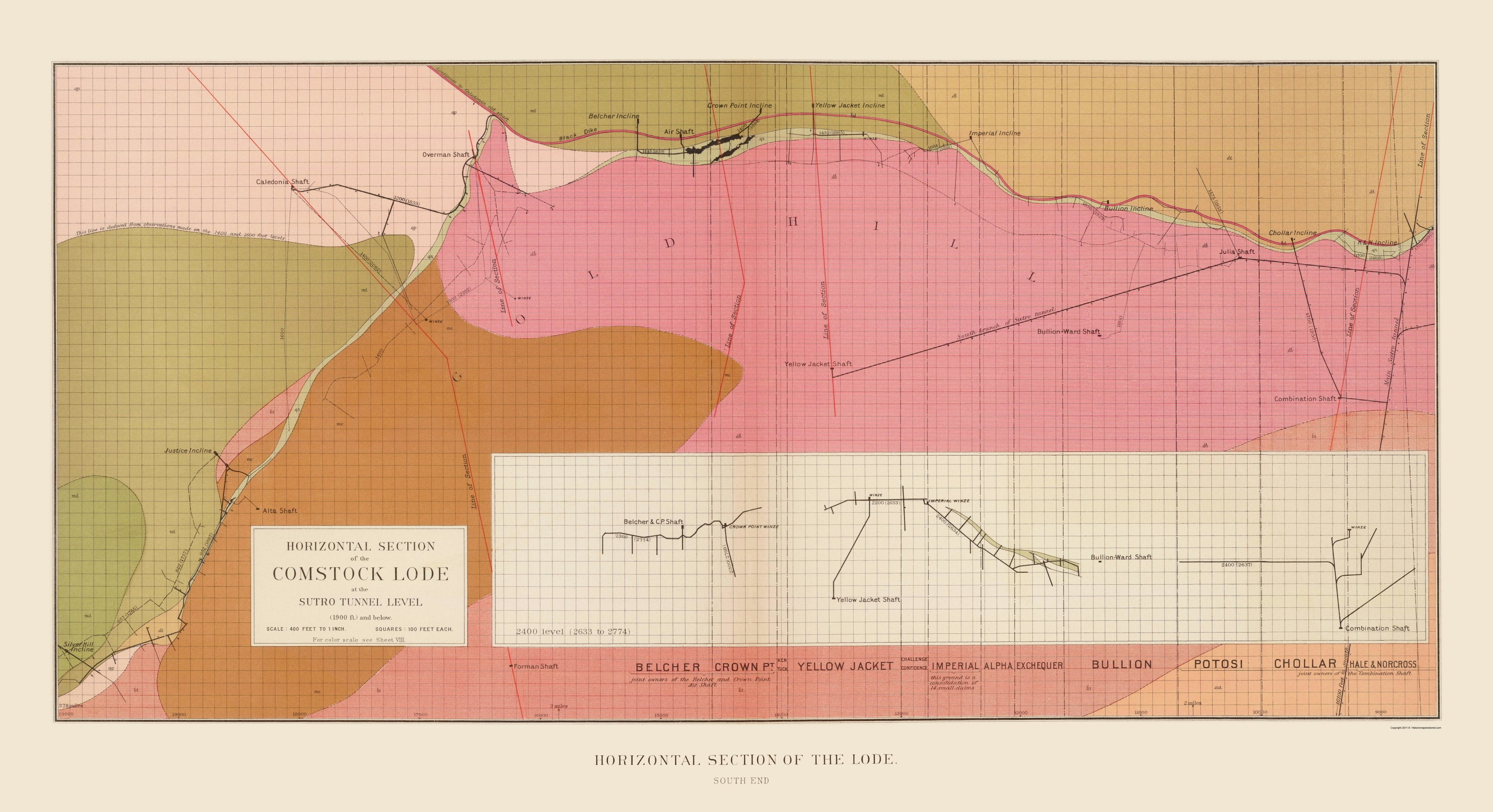 Historic Mine Map - Nevada Comstock Lode Sutro Tunnel South Geology ...