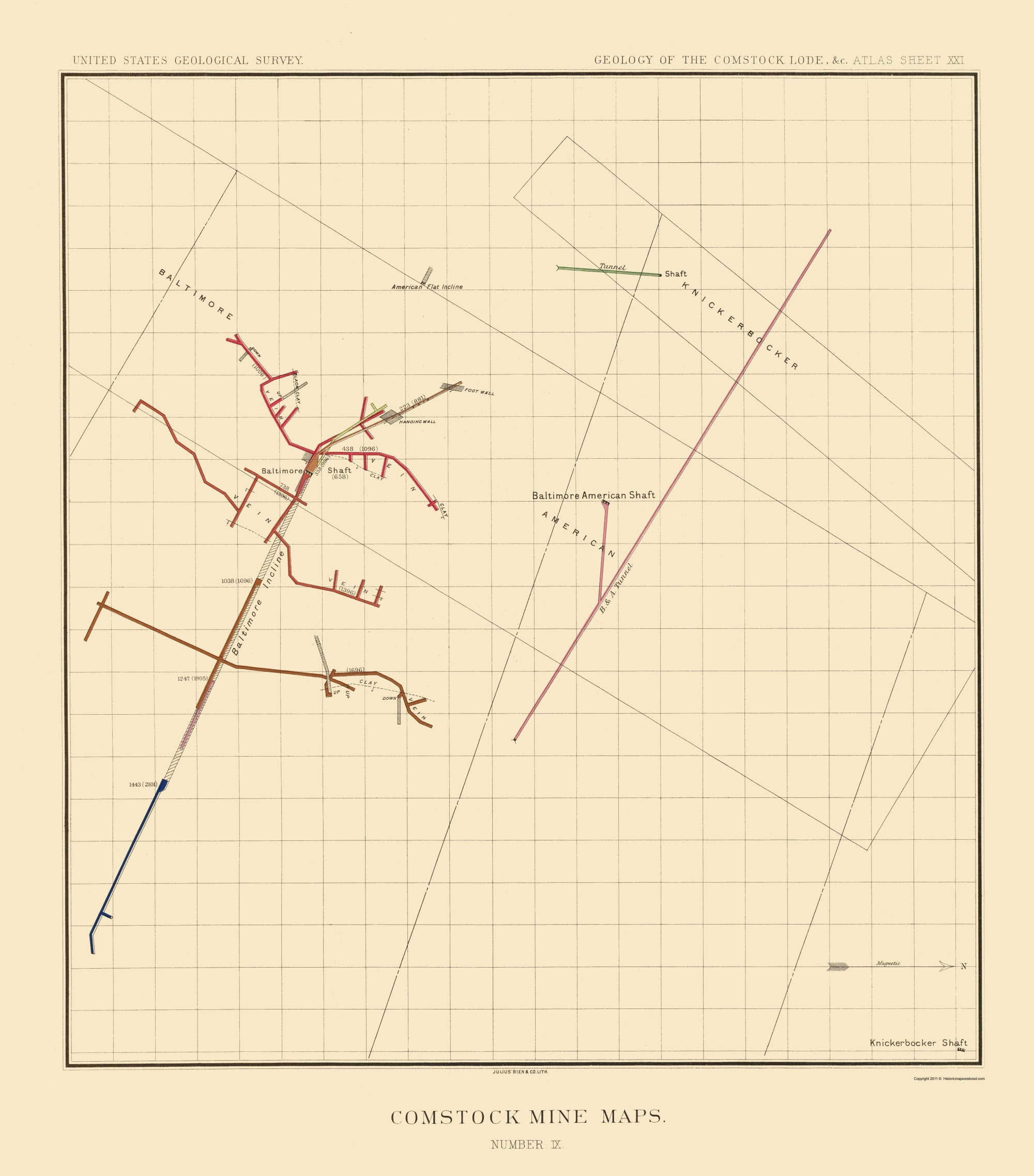Historic Mine Map - Nevada Comstock Mine Number Nine - Becker 1882 - 23 ...