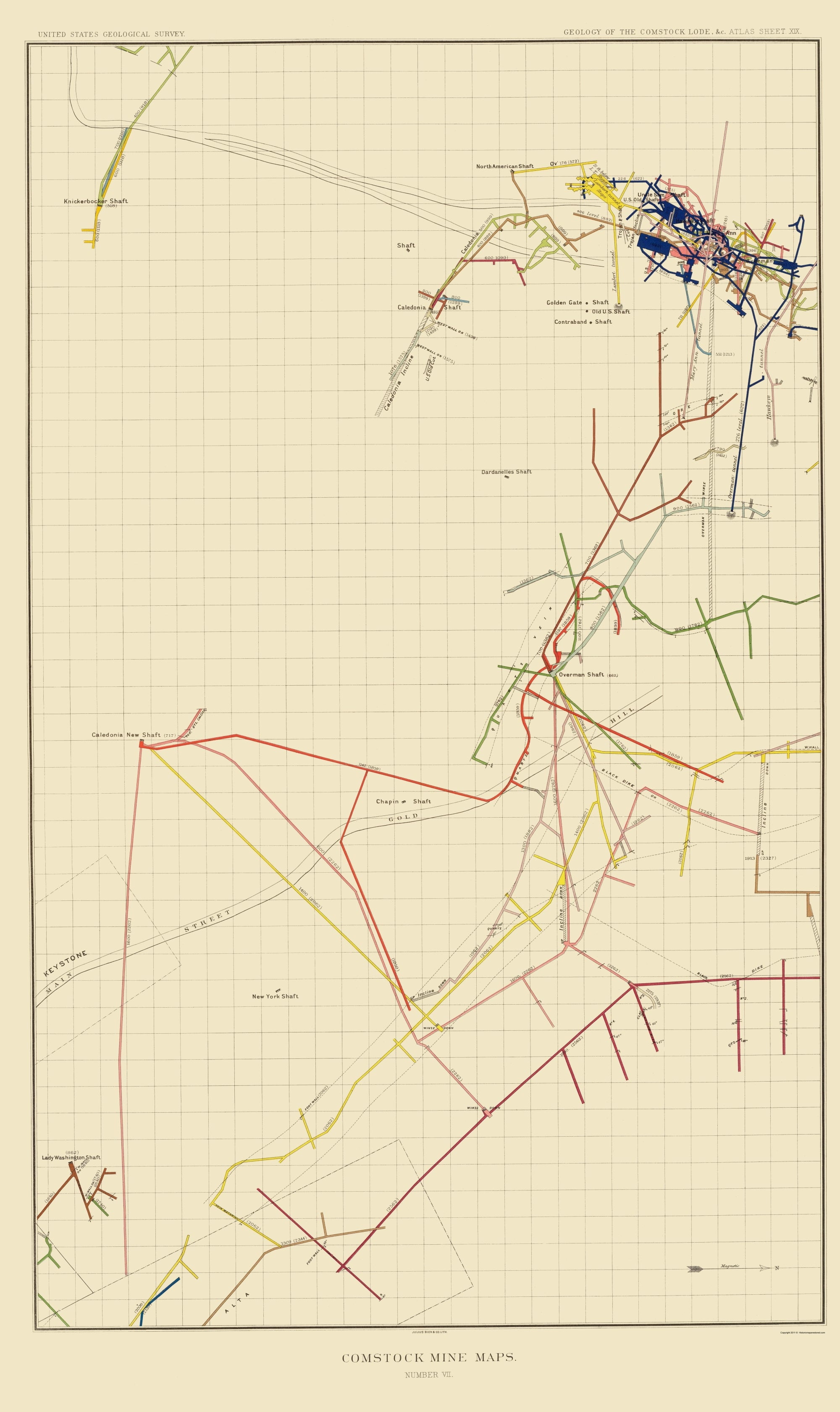 Historic Mine Map - Nevada Comstock Mine Number Seven - Becker 1882 ...