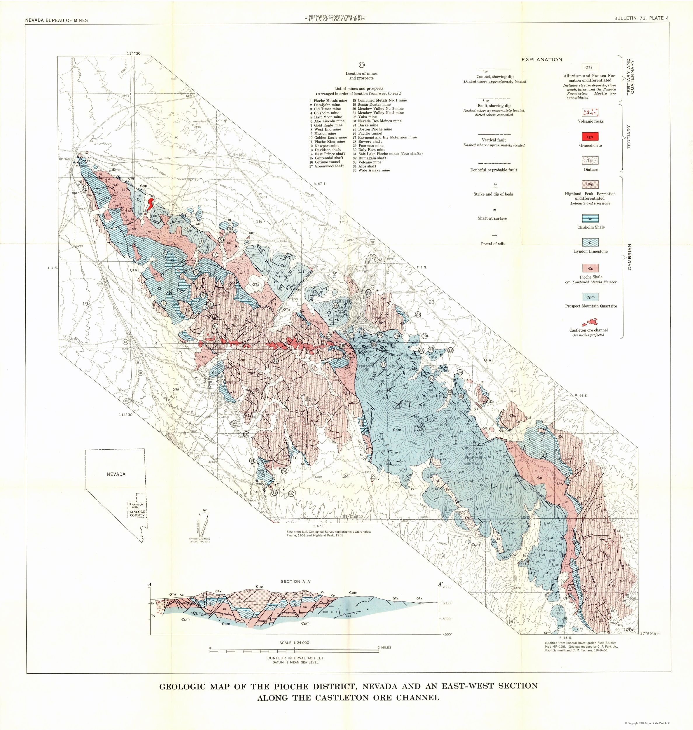 Historic Mine Map - Nevada Pioche District Castleton Ore Channel Mines ...