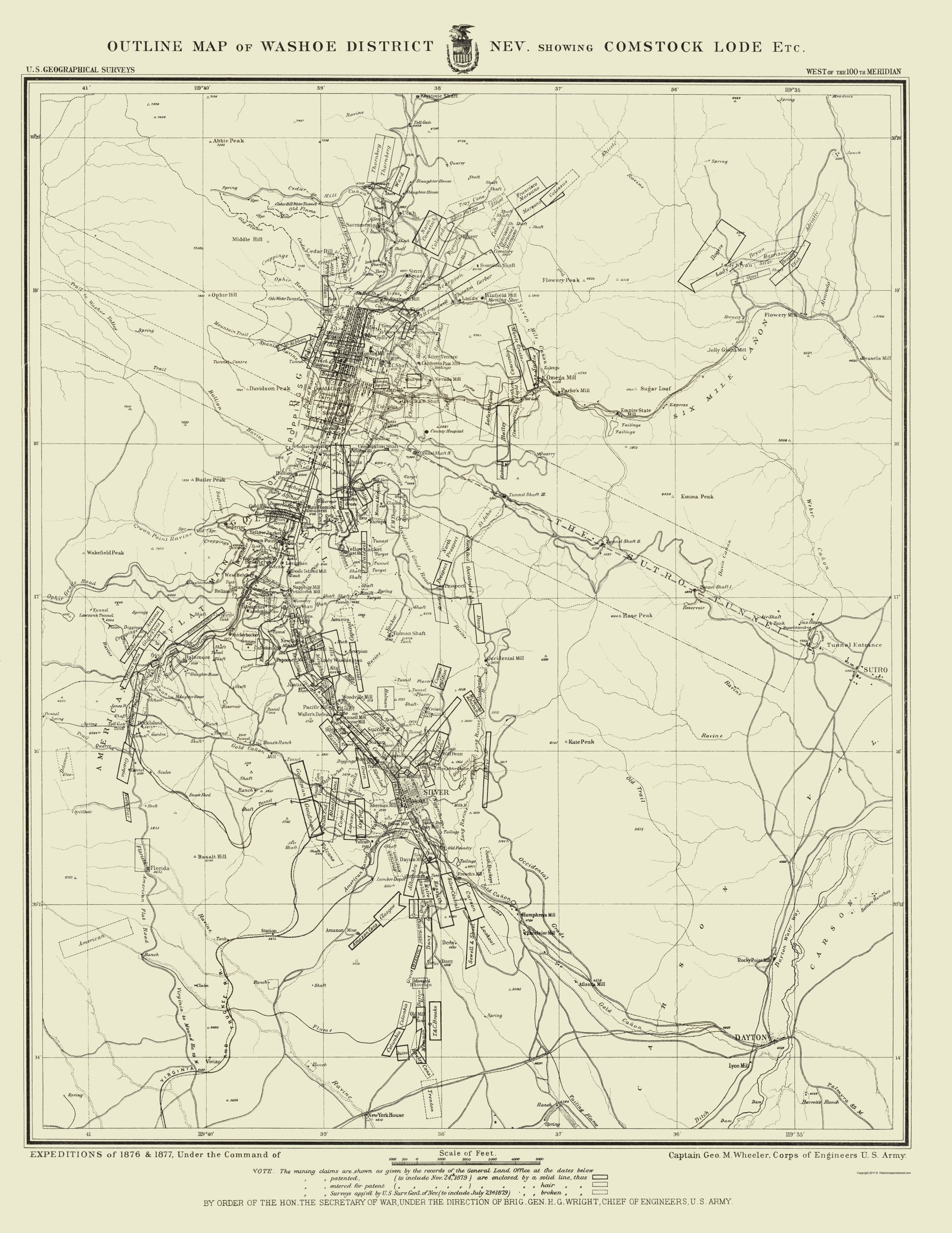 Historic Mine Map - Nevada Washoe District Comstock Lode - USGS 1879 ...