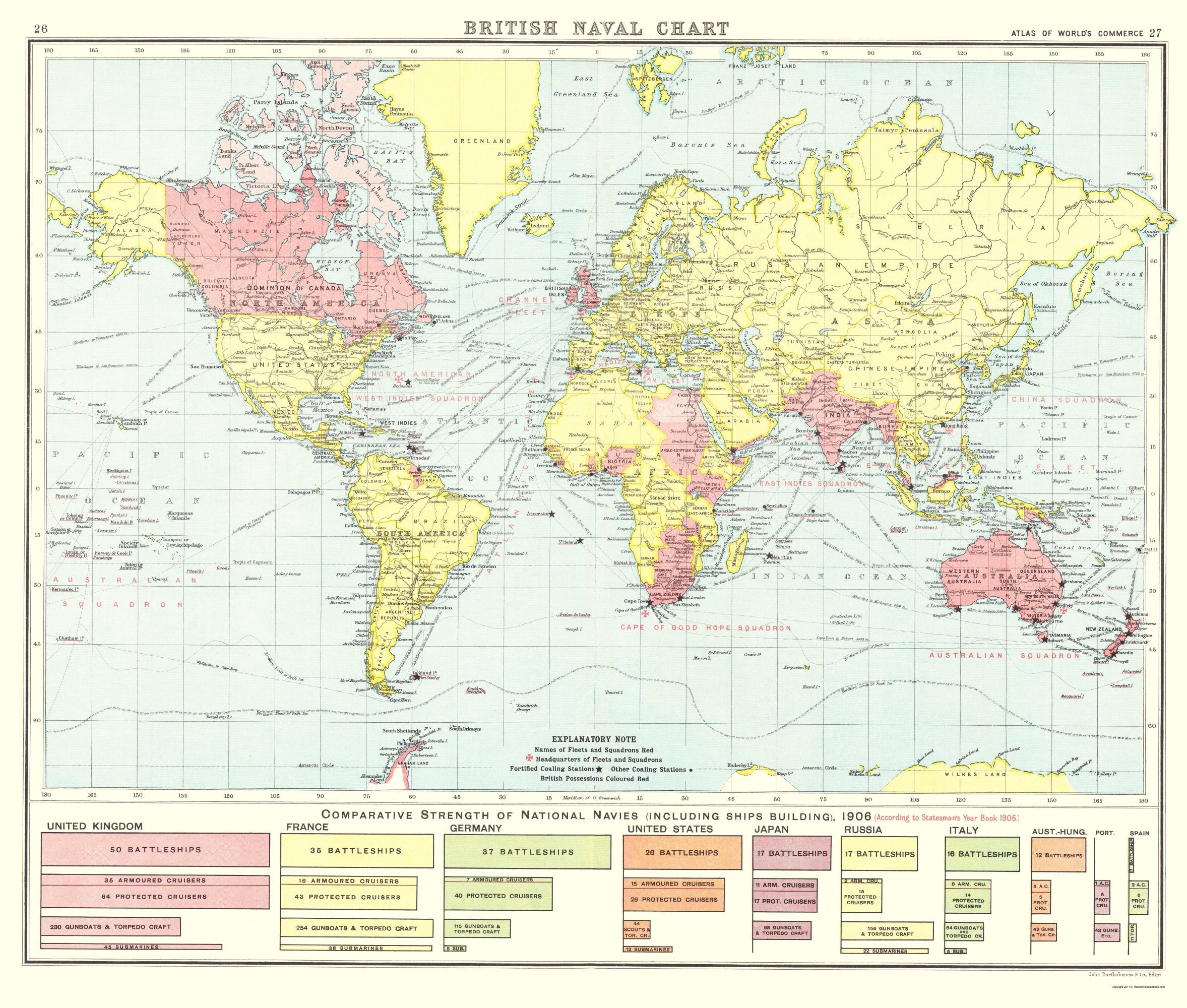 Historic Nautical Map - British Global Naval Chart - Newnes 1907 - 23 x ...