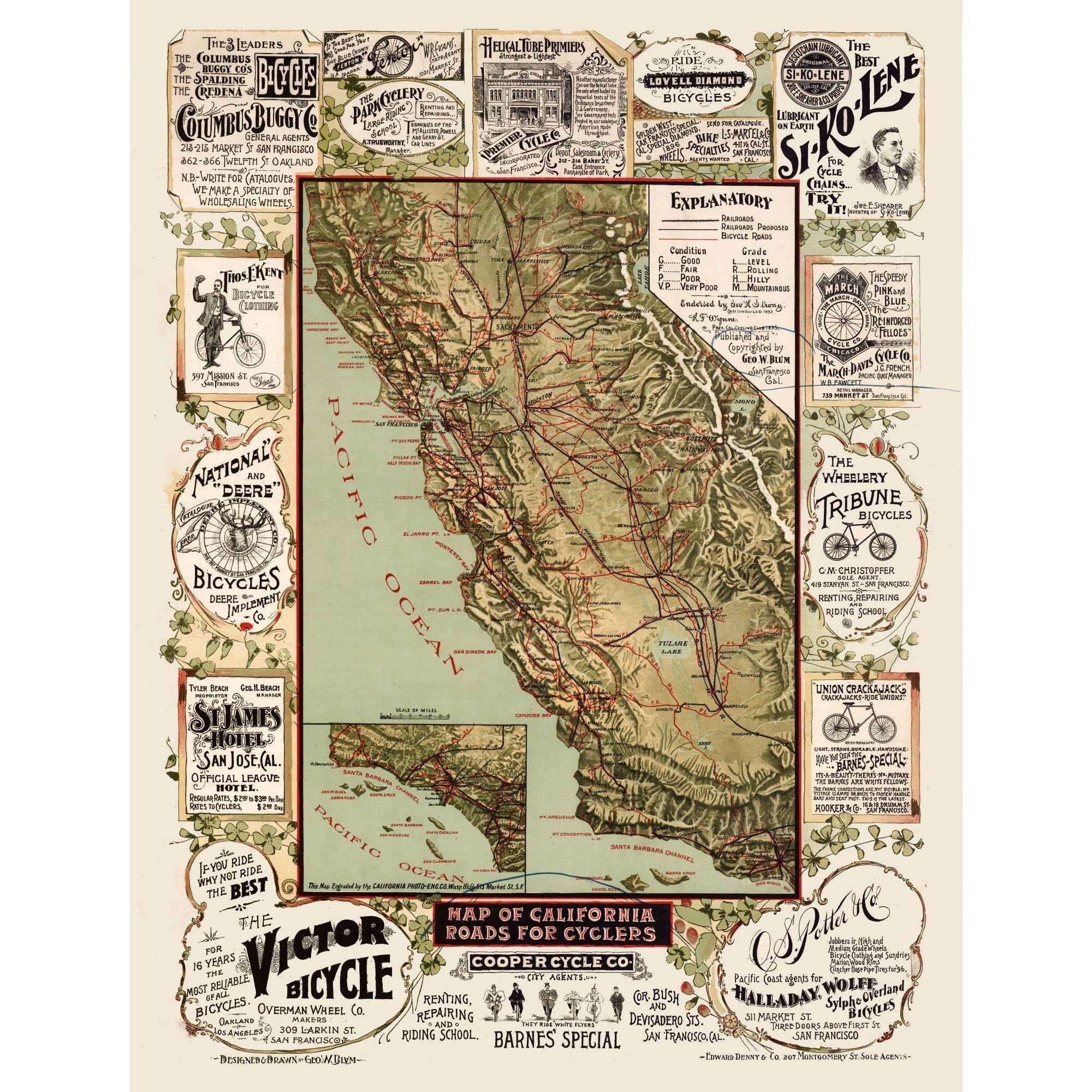 Historic Nautical Map - California Cyclers - Blum 1895 - 23 x 30.16 ...