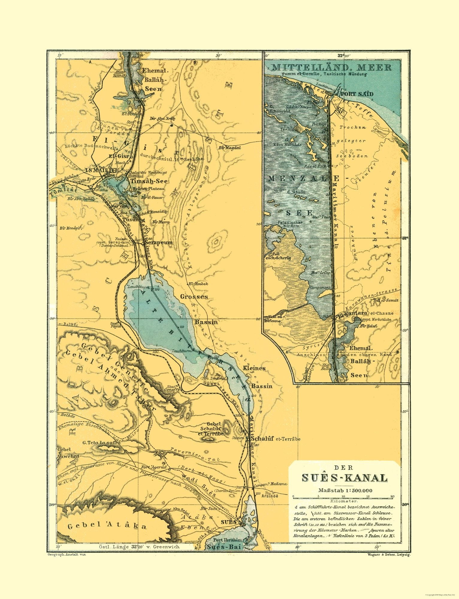 Historic Nautical Map - Egypt Suez Canal - Baedeker 1913 - 23 x 30.02 ...