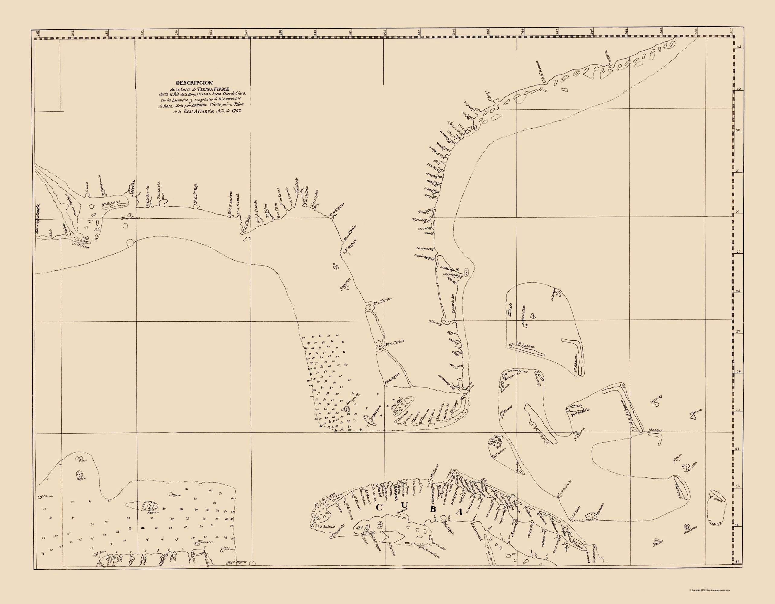 Historic Nautical Map - Florida Cuba Strait - Balentin 1757 - 23 x 29. ...