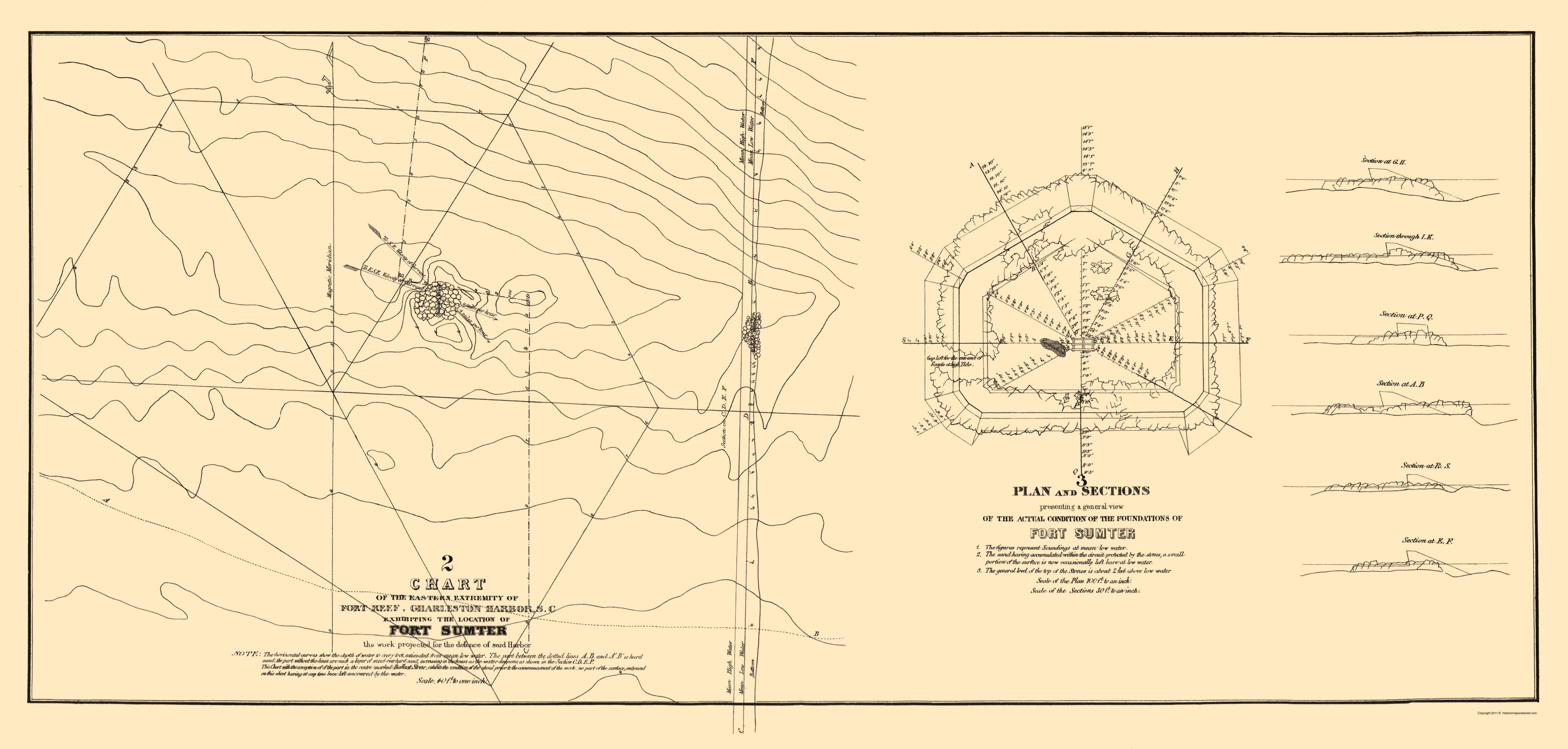 Historic Nautical Map - Fort Sumter Charleston Harbor - Bowen 1835 - 23 ...