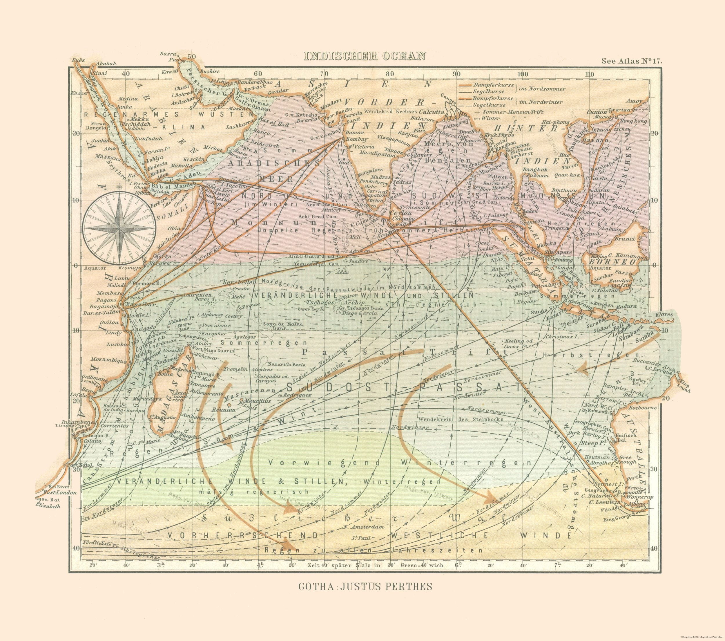Historic Nautical Map - Indian Ocean - Perthes 1914 - Vintage Wall Art ...