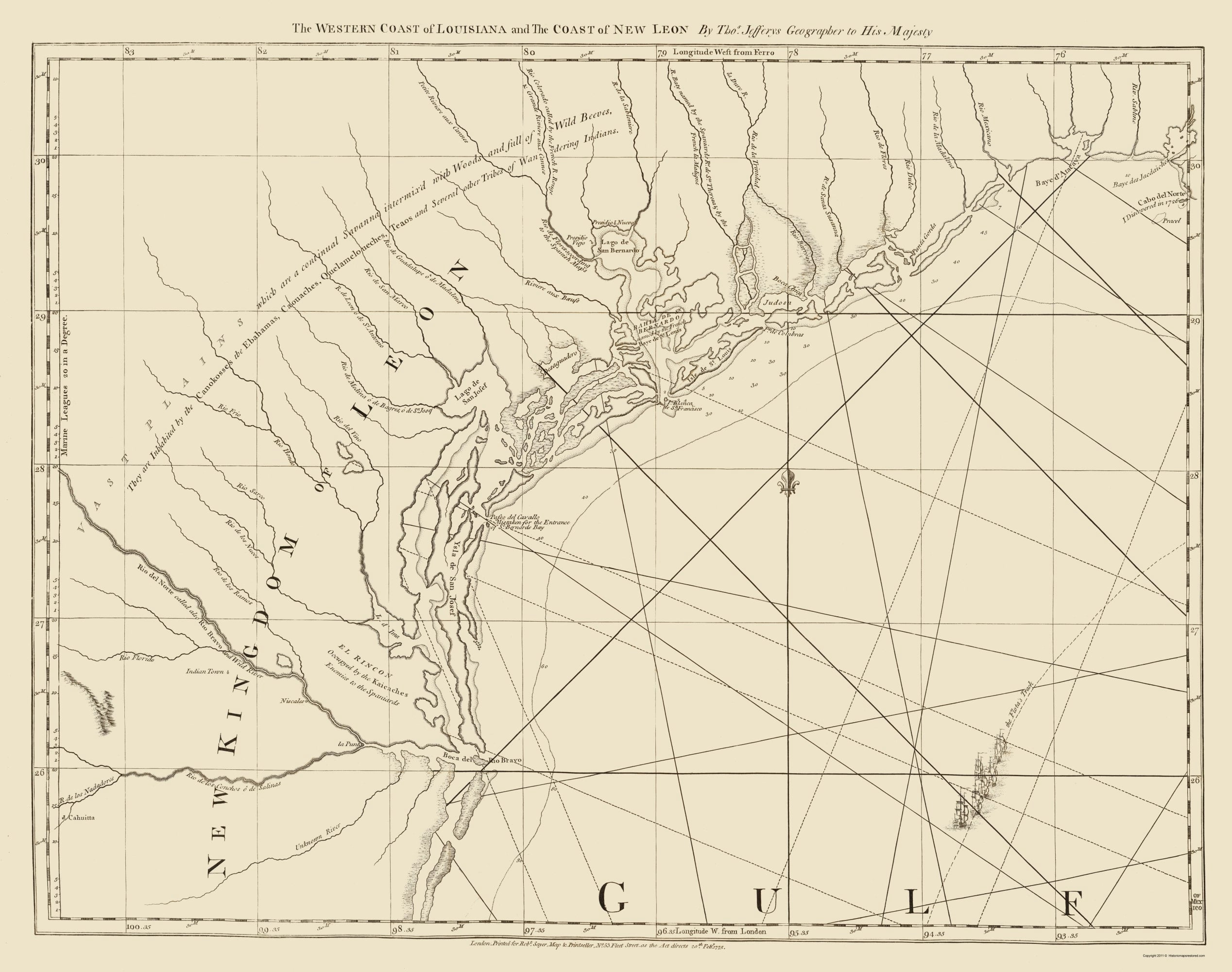 Historic Nautical Map - Louisiana New Leon West Coast - Jefferys 1775 ...