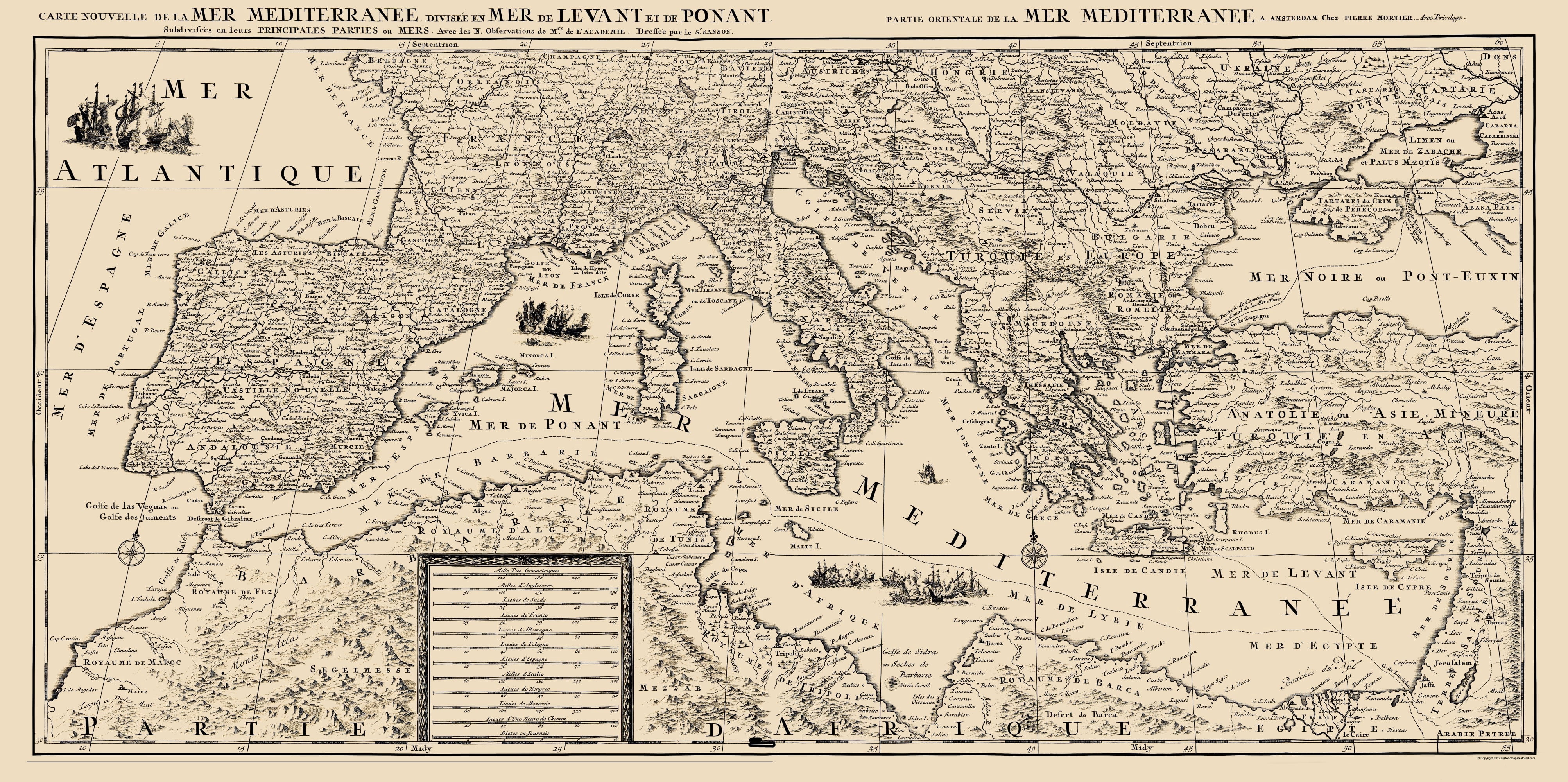Historic Nautical Map - Mediterranean Sea Region - Sanson 1680 - 23 x ...