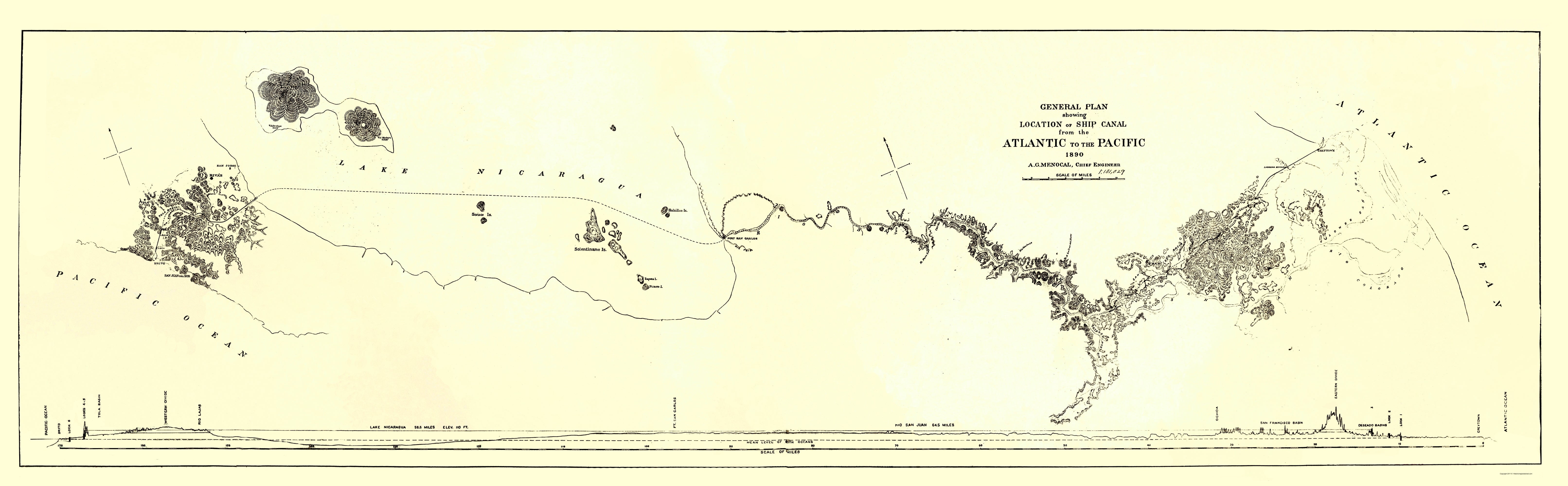 Historic Nautical Map - Nicaragua Canal Atlantic Pacific - Menocal 1890 ...