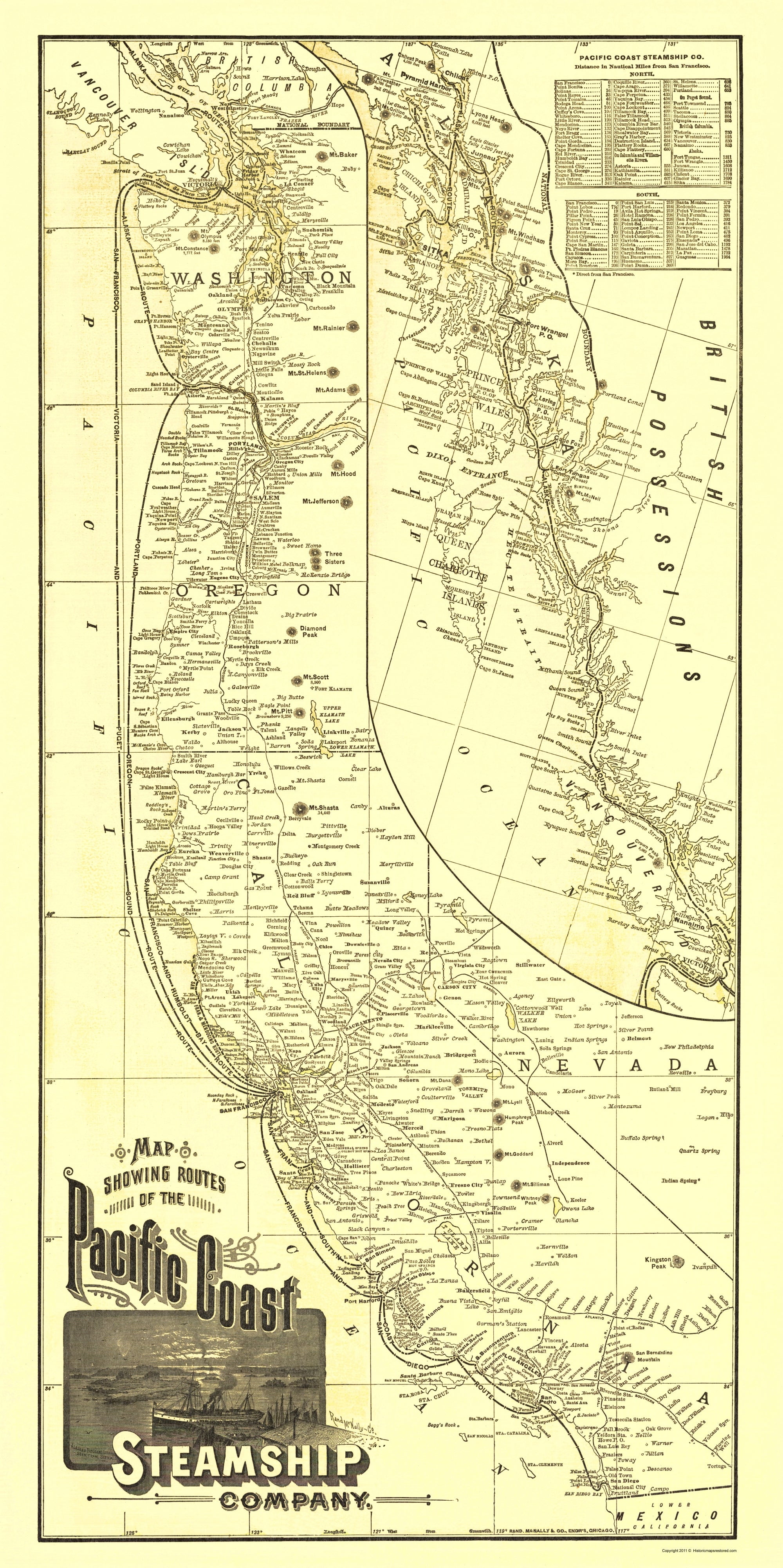 Historic Nautical Map - Pacific Coast Steamship Company Routes - 1891 ...