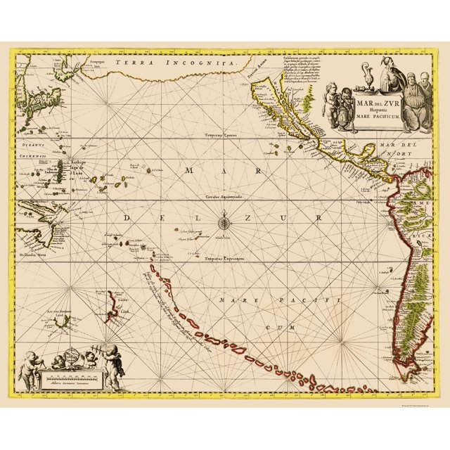 Historic Nautical Map - Pacific Ocean Chart - Jansson 1650 - 23 x 28.21 ...