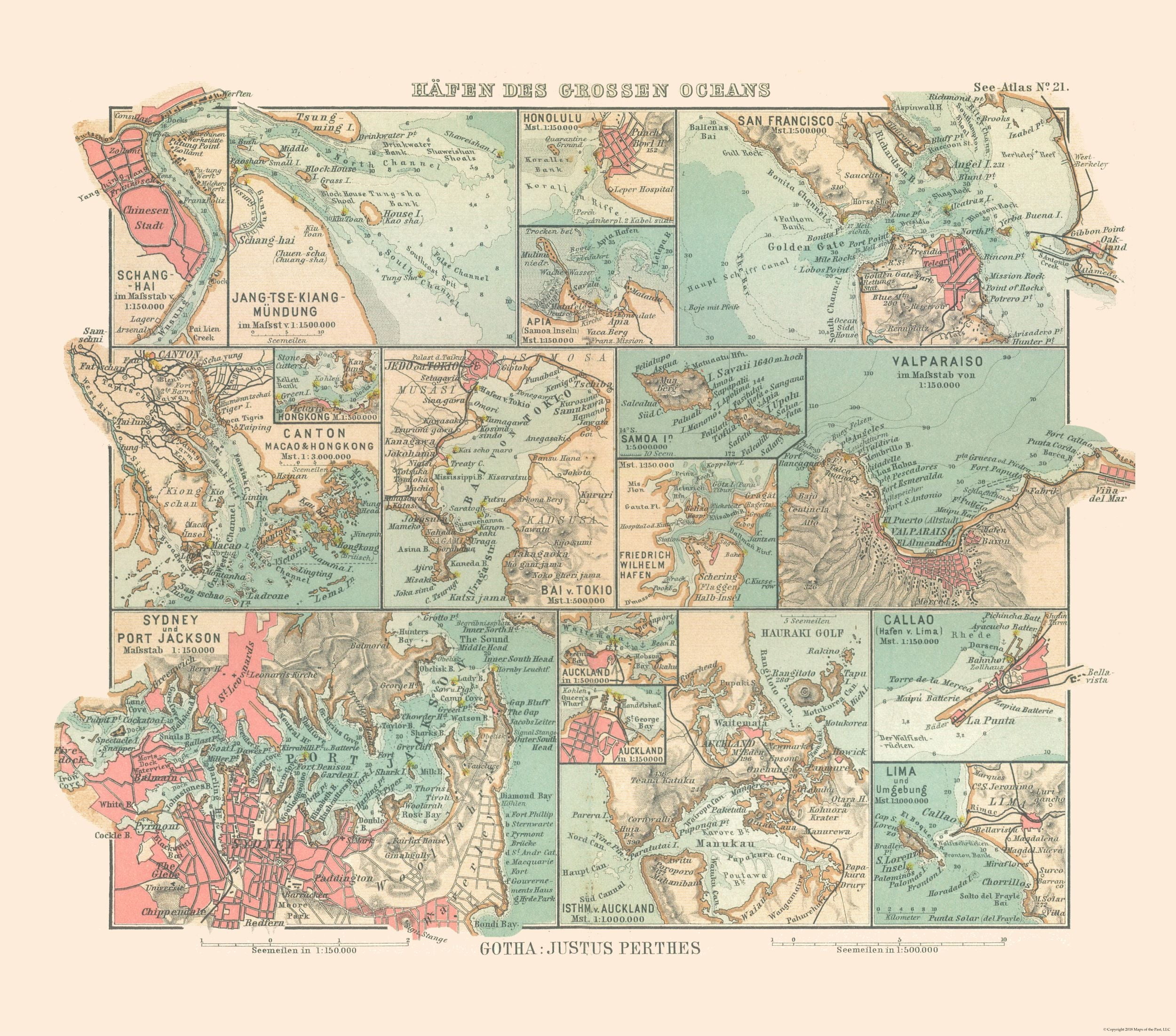 Historic Nautical Map - Pacific Ocean Major Port Cities - Perthes 1914 ...