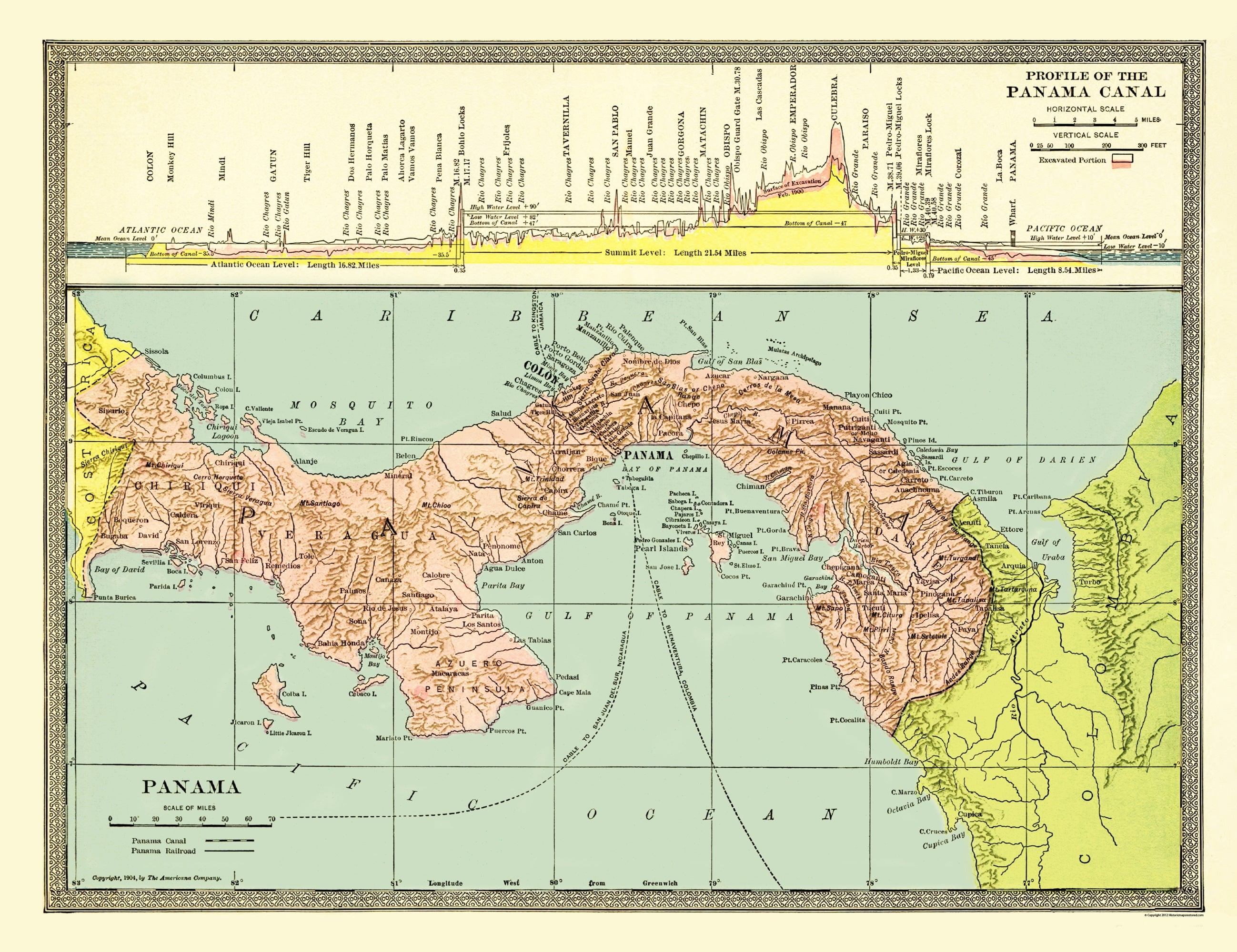 Historic Nautical Map - Panama Canal Profile - 1904 - Vintage Wall Art ...