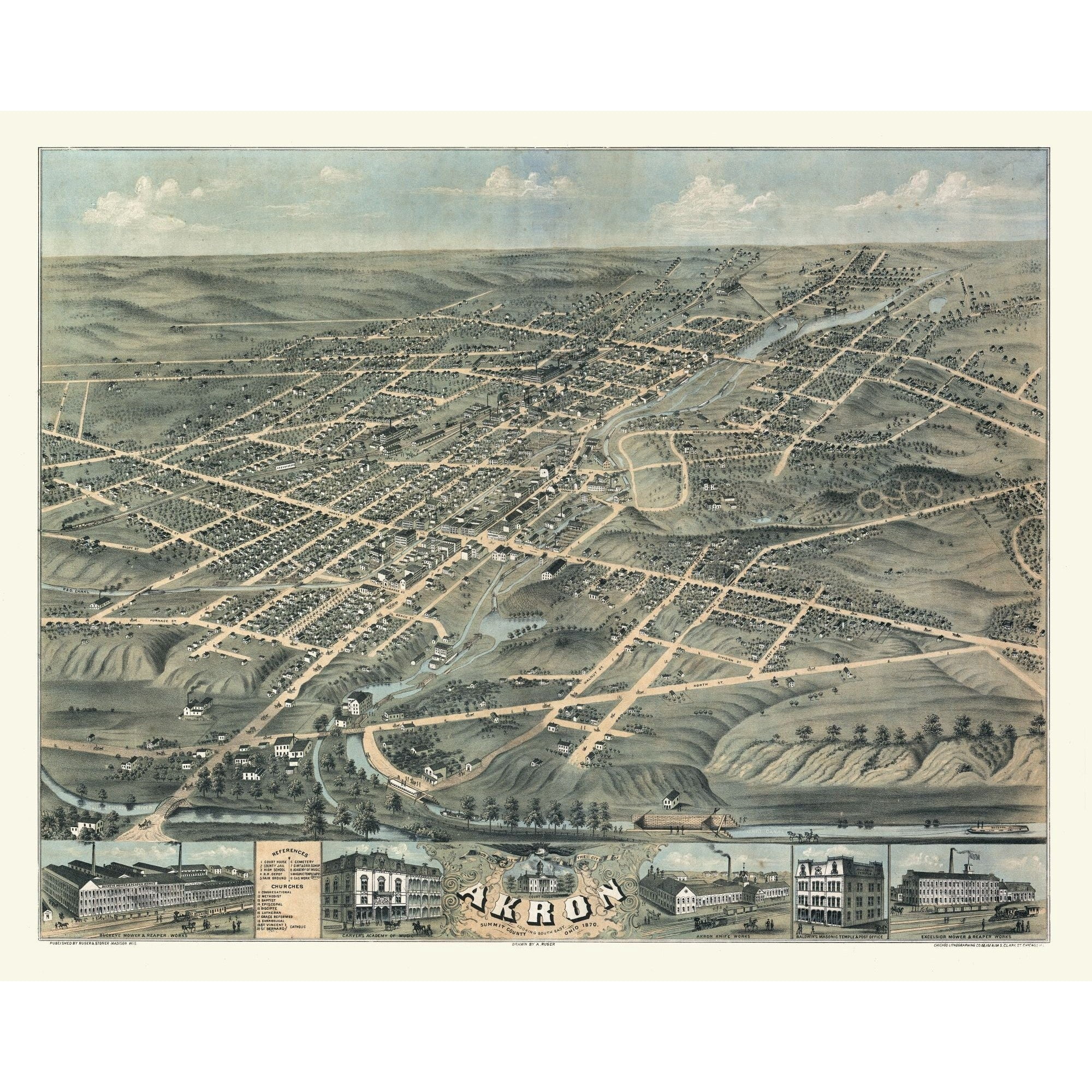 Historic Panoramic View - Akron Ohio - Stoner 1870 - 28.85 x 23 ...