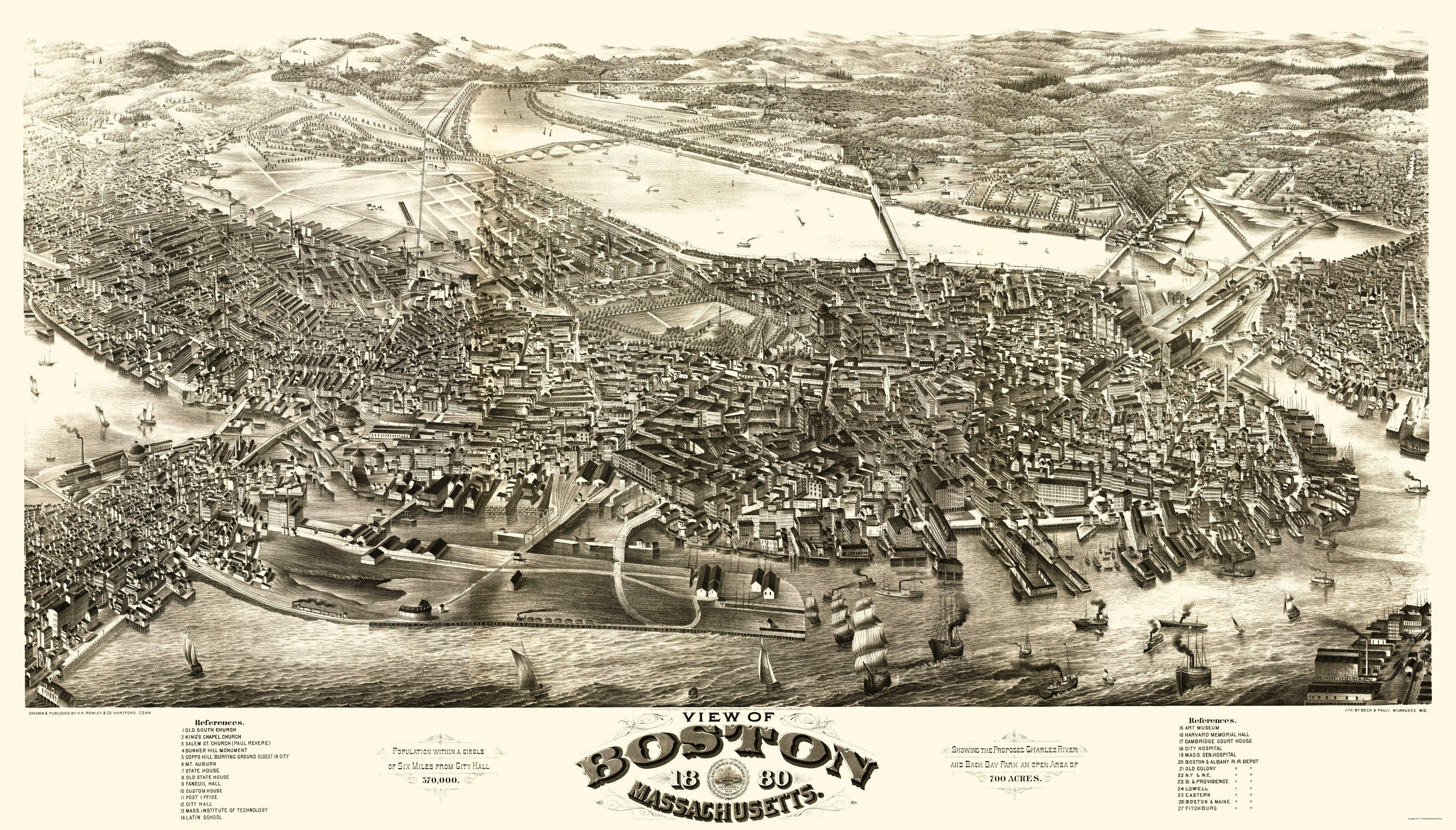 Historic Panoramic View - Boston Massachusetts - Rowley 1880 - Vintage ...
